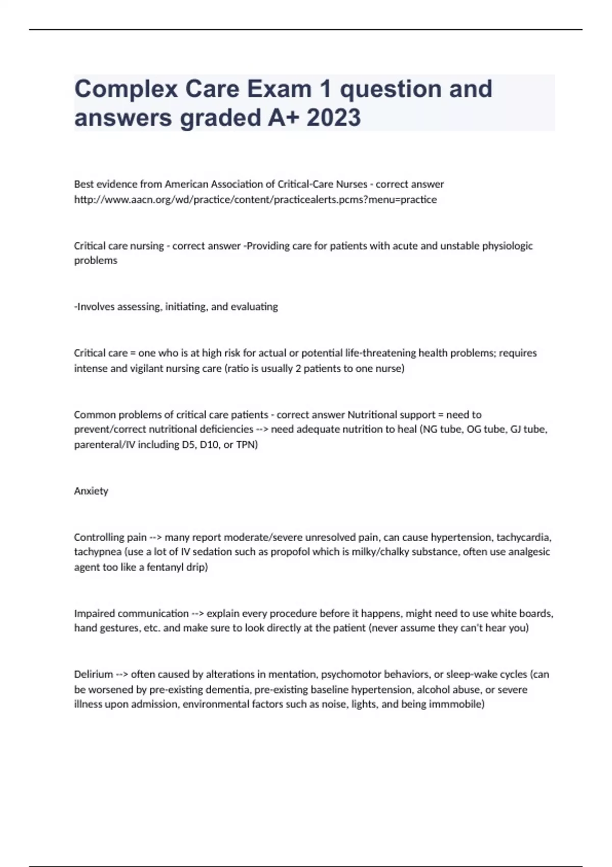 Complex Care Exam 1 question and answers Question and answers correctly ...