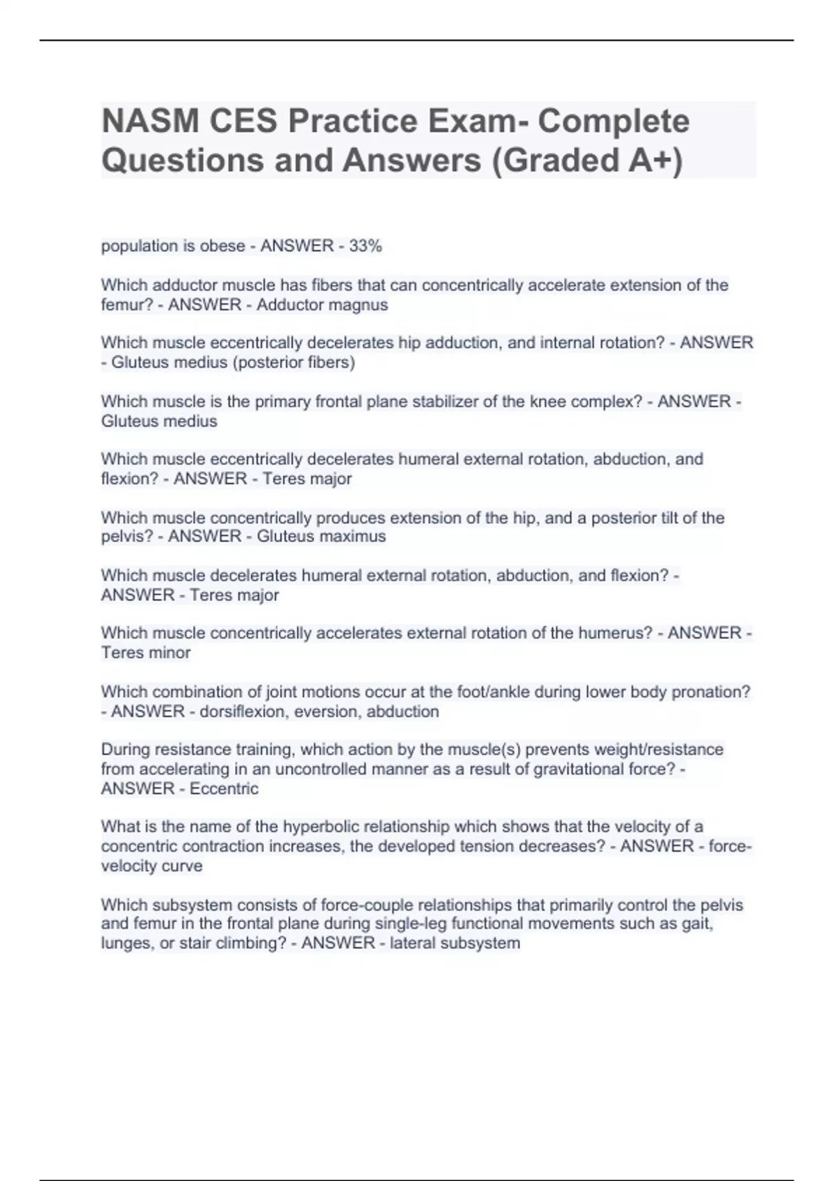 NASM CES Practice Exam- Complete Questions and Answers (Graded A+) - NASM CES - Stuvia US