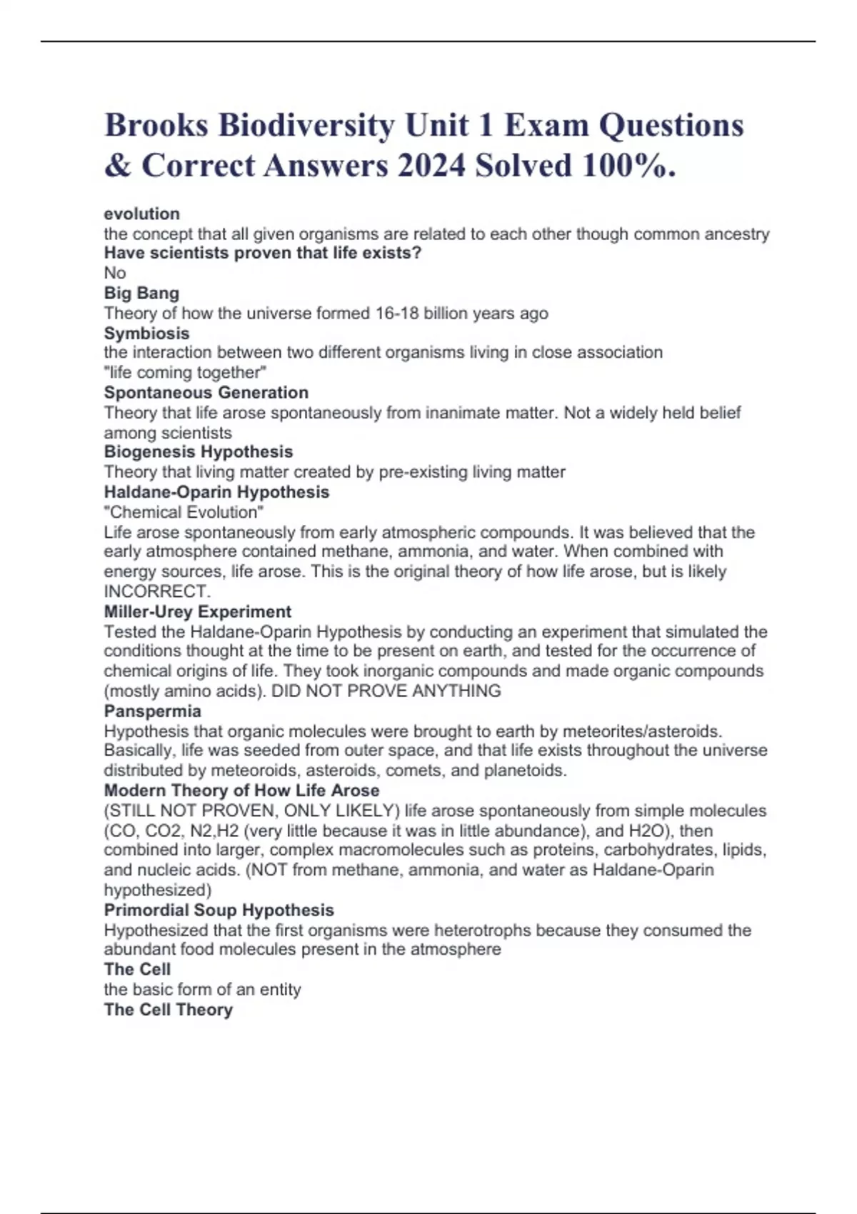 Brooks Biodiversity Unit 1 Exam Questions & Correct Answers 2024 Solved 100%. - Brooks - Stuvia US