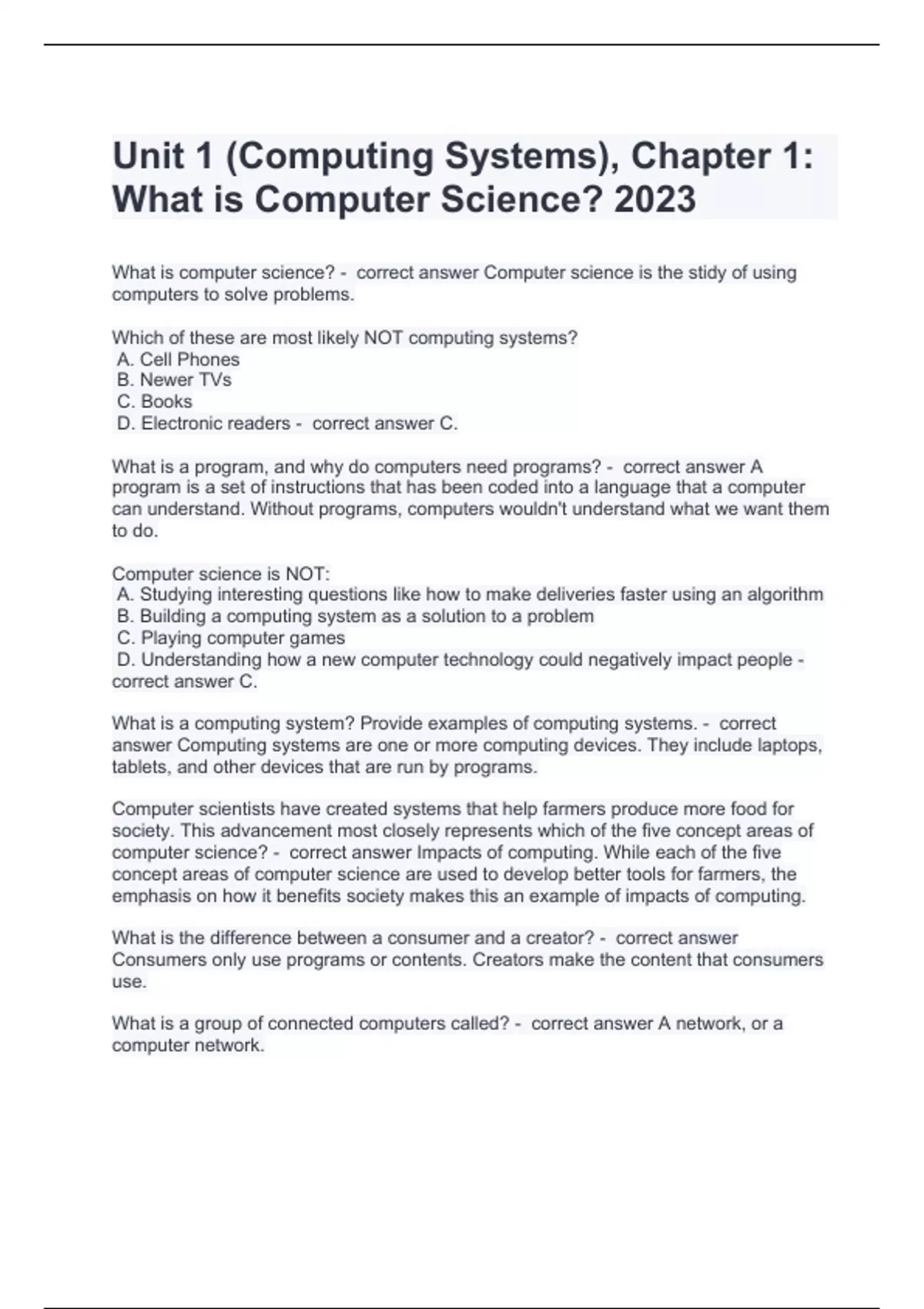 COMPUTER SCIENCE Questions with complete solution 2024 - Computer Science - Stuvia US