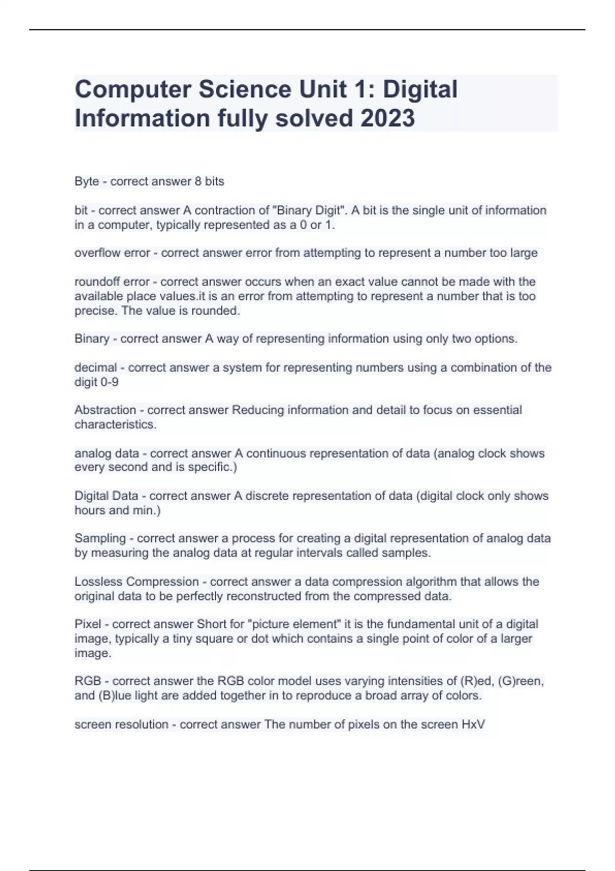 Computer Science Unit 1 Digital Information Question and answers rated A+ 2024 - Computer ...