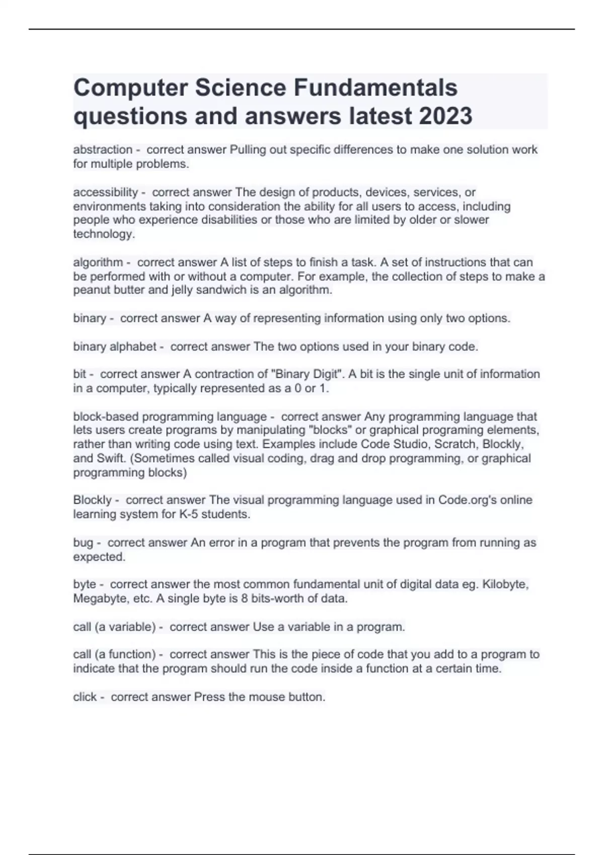 Computer Science Fundamentals questions and answers correctly solved 2024 - Computer Science ...