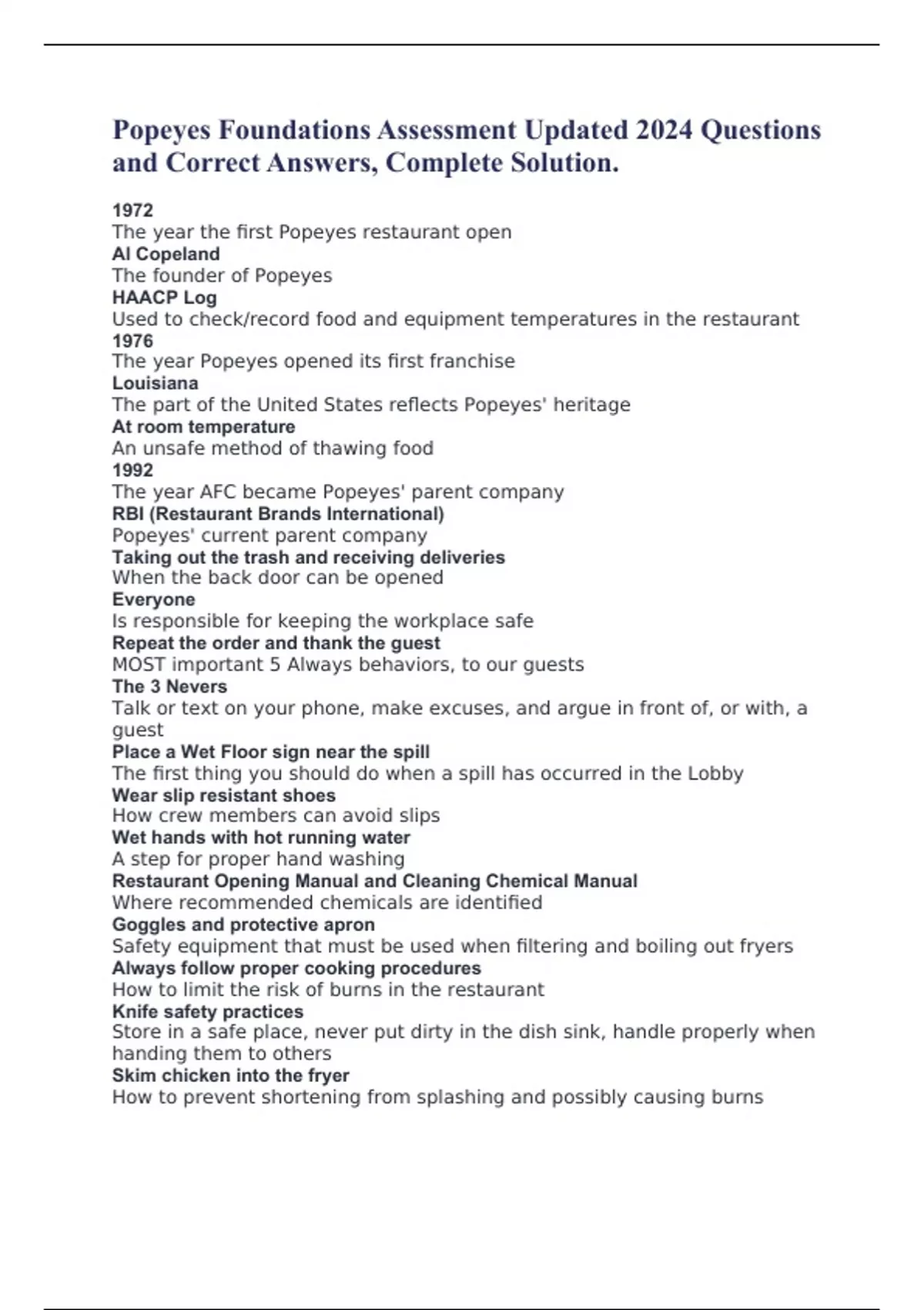 Popeyes Foundations Assessment Updated 2024 Questions and Correct ...