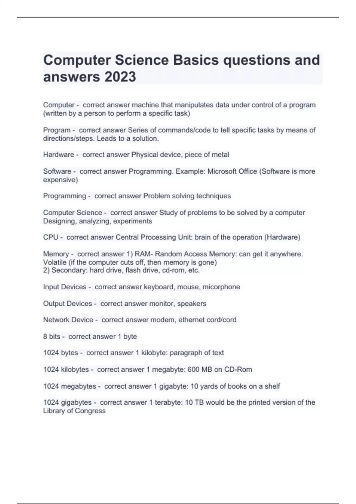 Computer Science Basics questions and answers 100% correct 2024 - Computer Science - Stuvia US