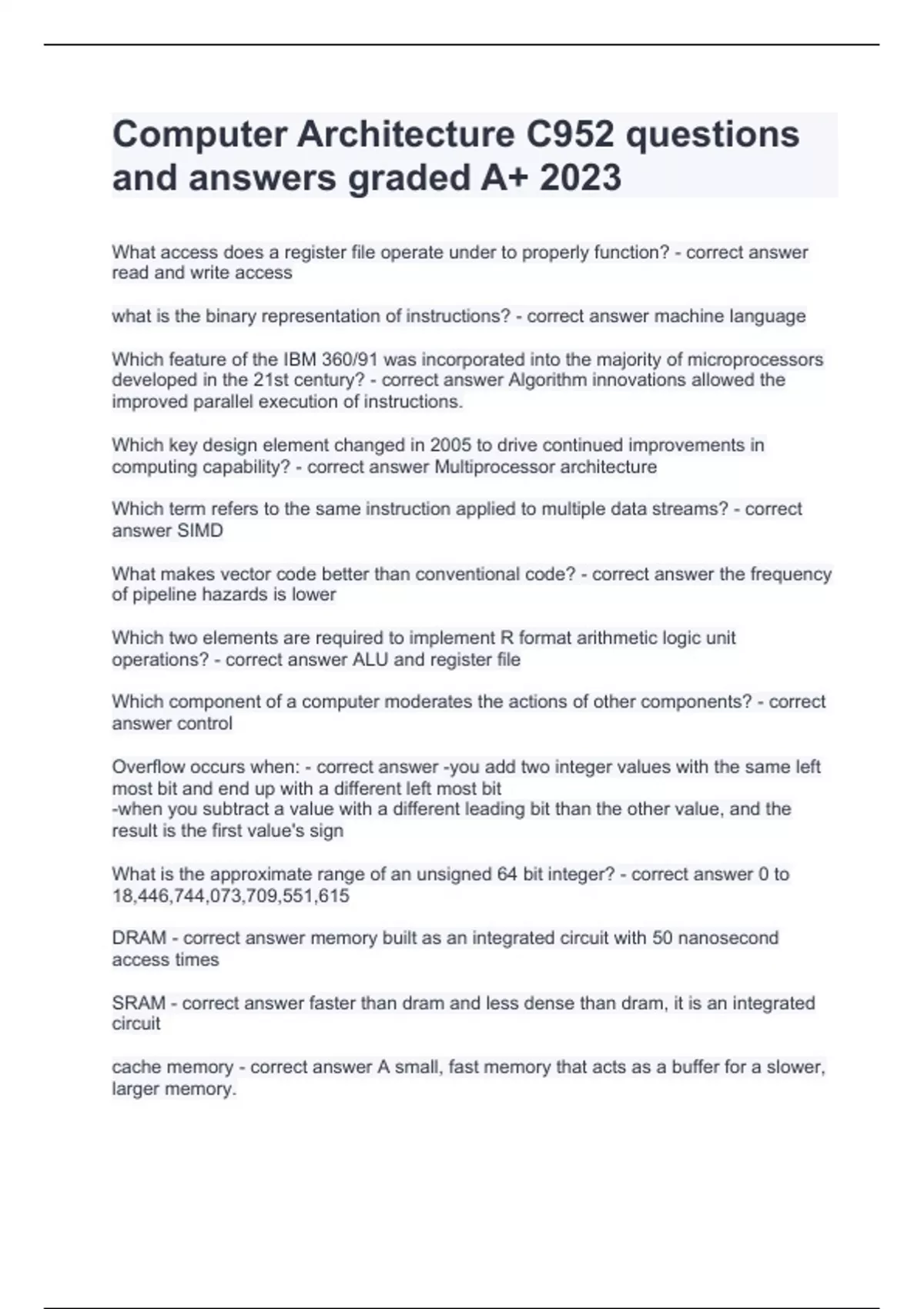 Computer Architecture C952 questions with complete solution 2024 - Computer Science - Stuvia US