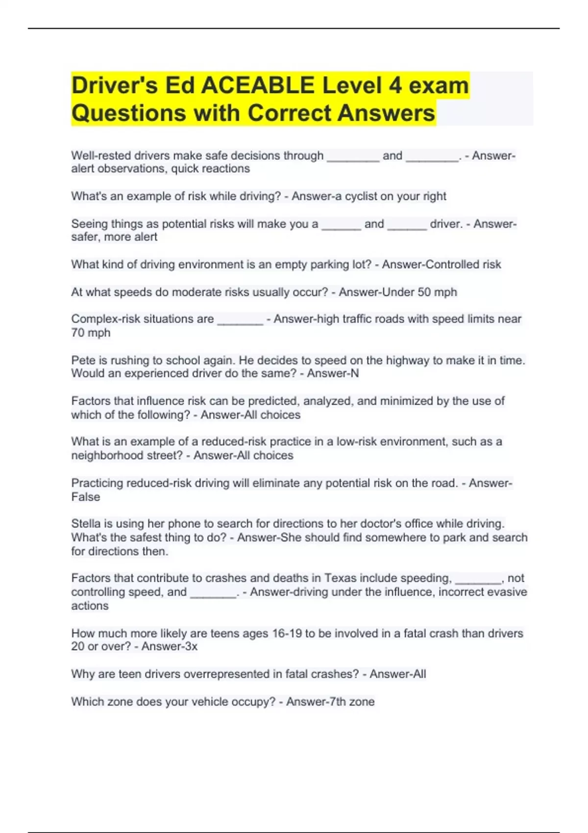 Driver's Ed ACEABLE Level 4 exam Questions with Correct Answers ...