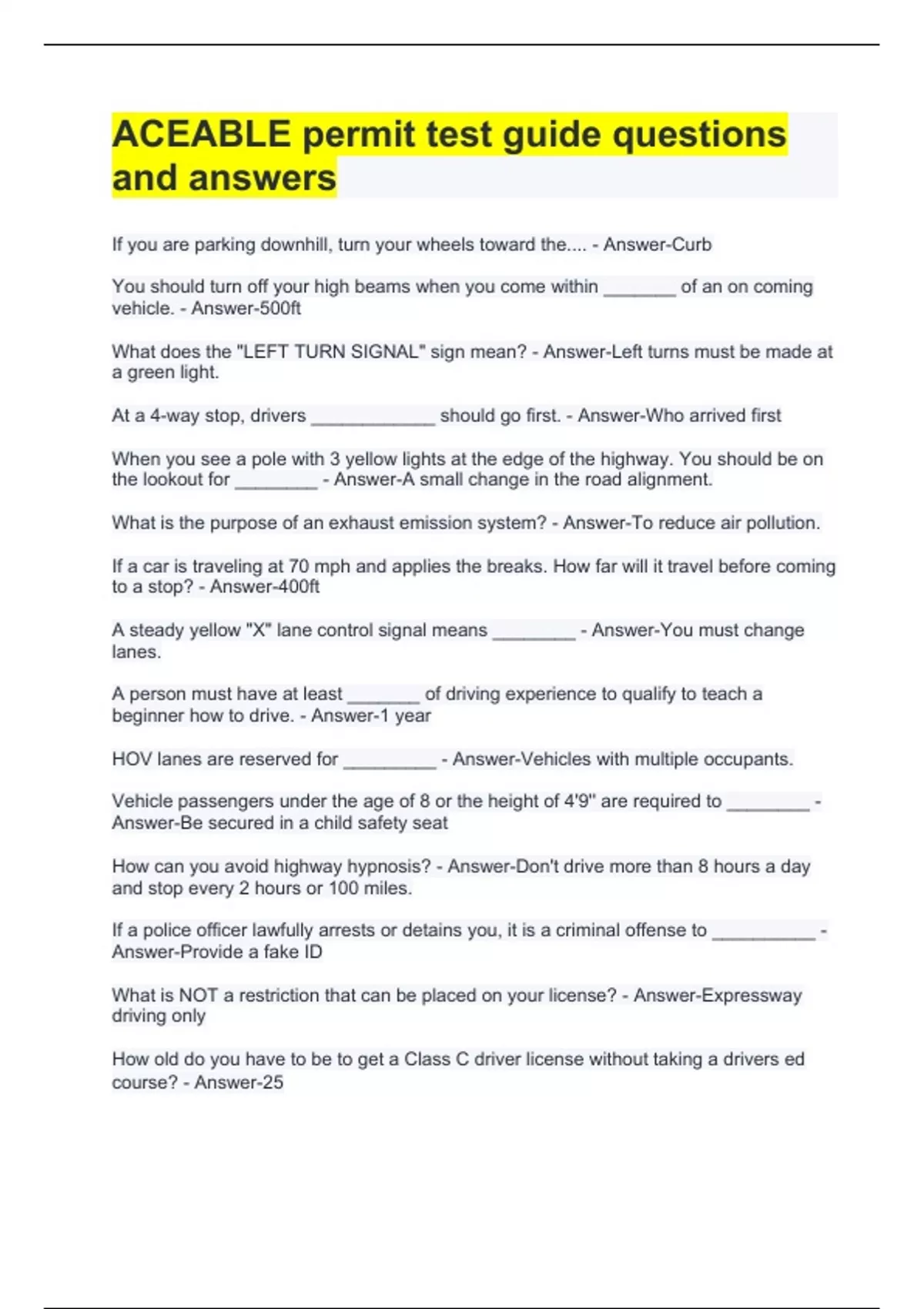 ACEABLE permit test guide questions and answers - ACEABLE Driving ...