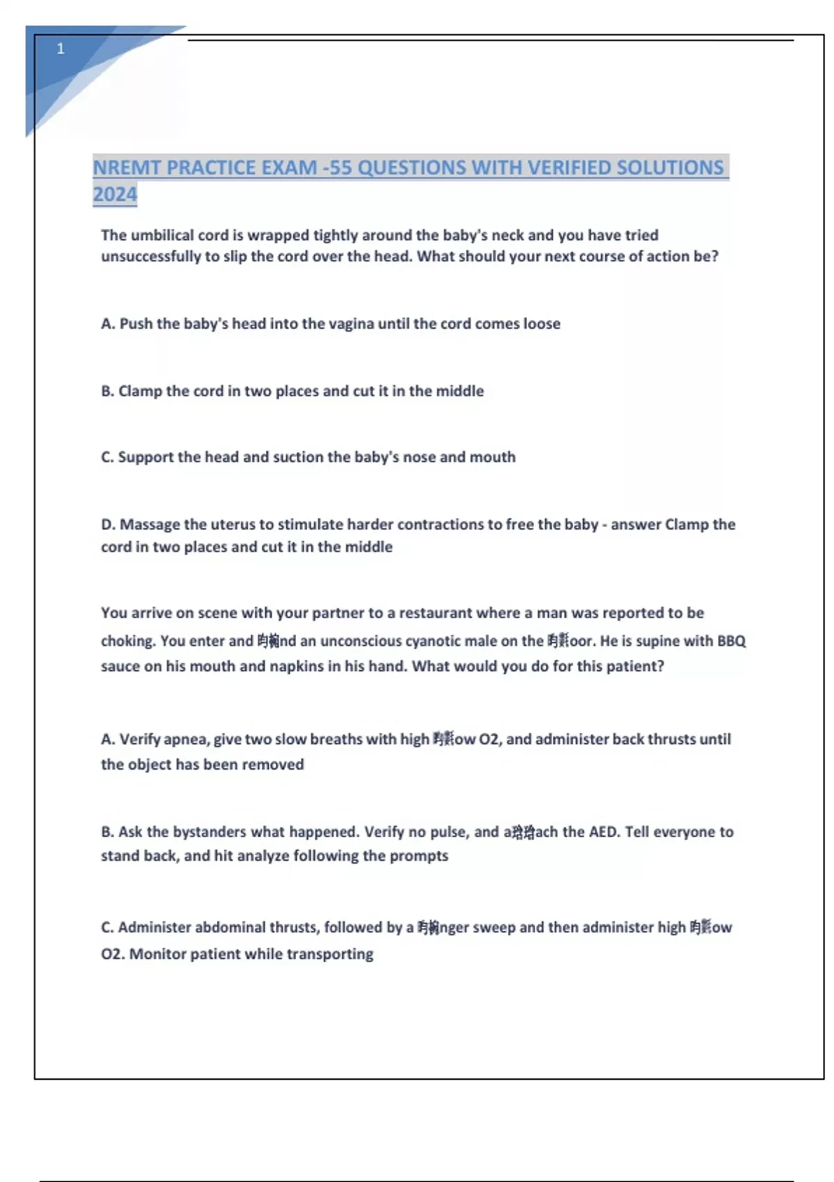 NREMT PRACTICE EXAM -55 QUESTIONS WITH VERIFIED SOLUTIONS 2024 - NREMTl ...