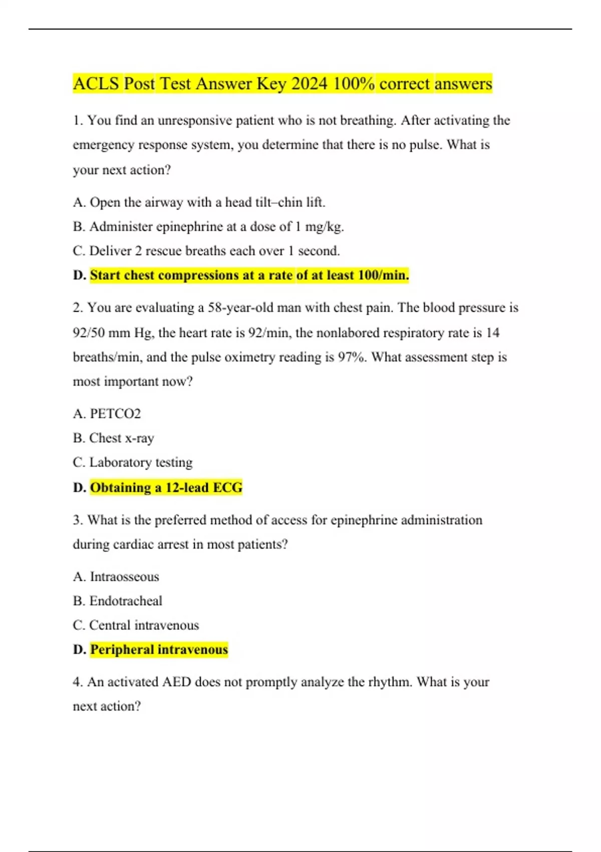 ACLS Post Test Answer Key 2024 100 Correct Answers ACLS Stuvia US