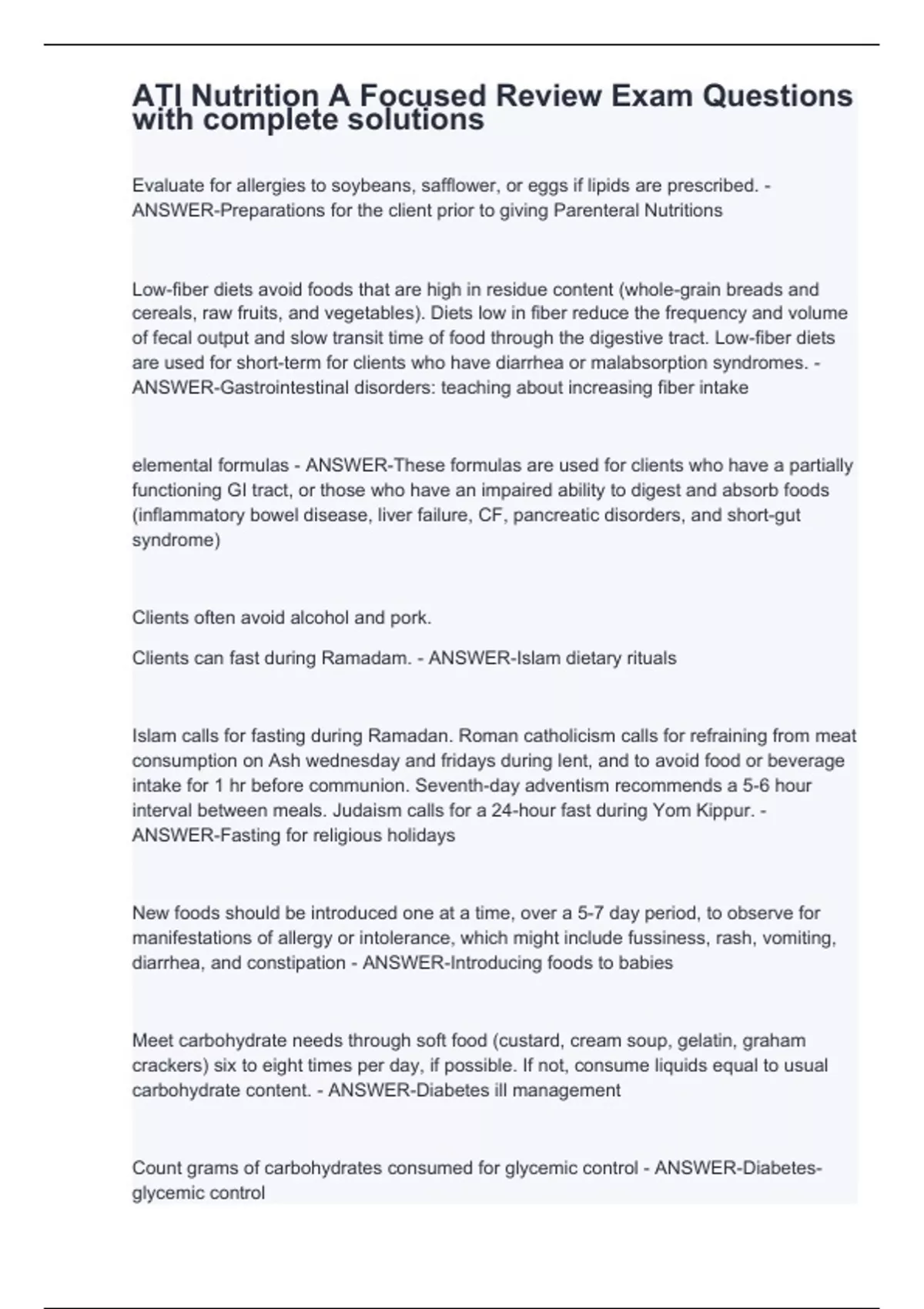 ATI Nutrition A Focused Review Exam Questions with complete solutions ...