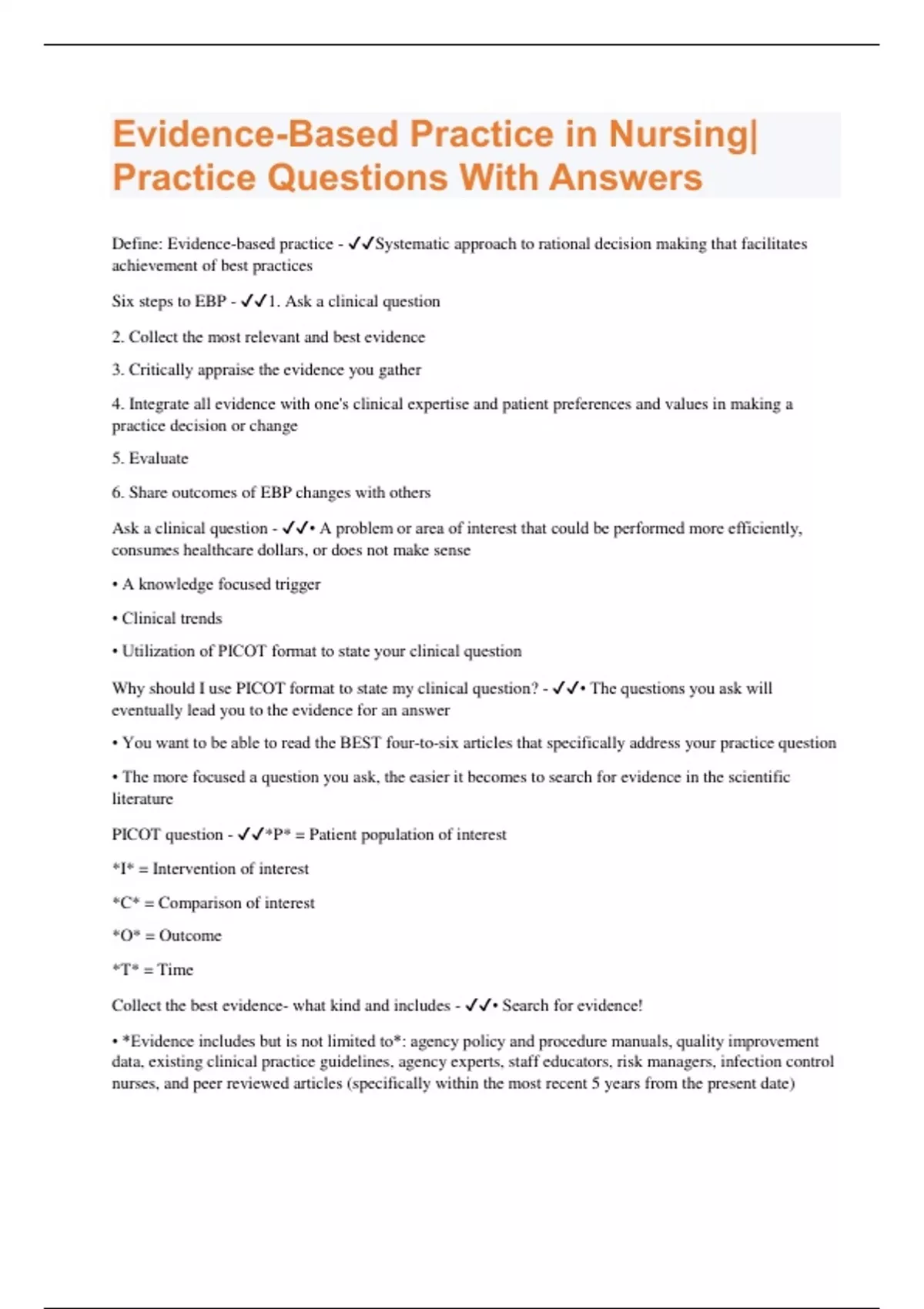 Evidence-Based Practice in Nursing| Practice Questions With Answers ...