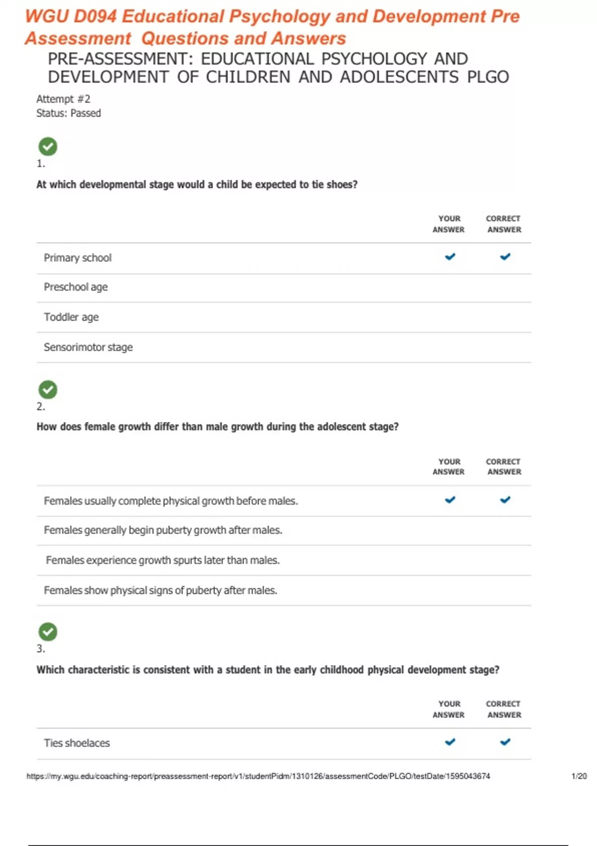 WGU Ed Pysch Pre-Assessment D094 Exam Questions with Verified Answers ...