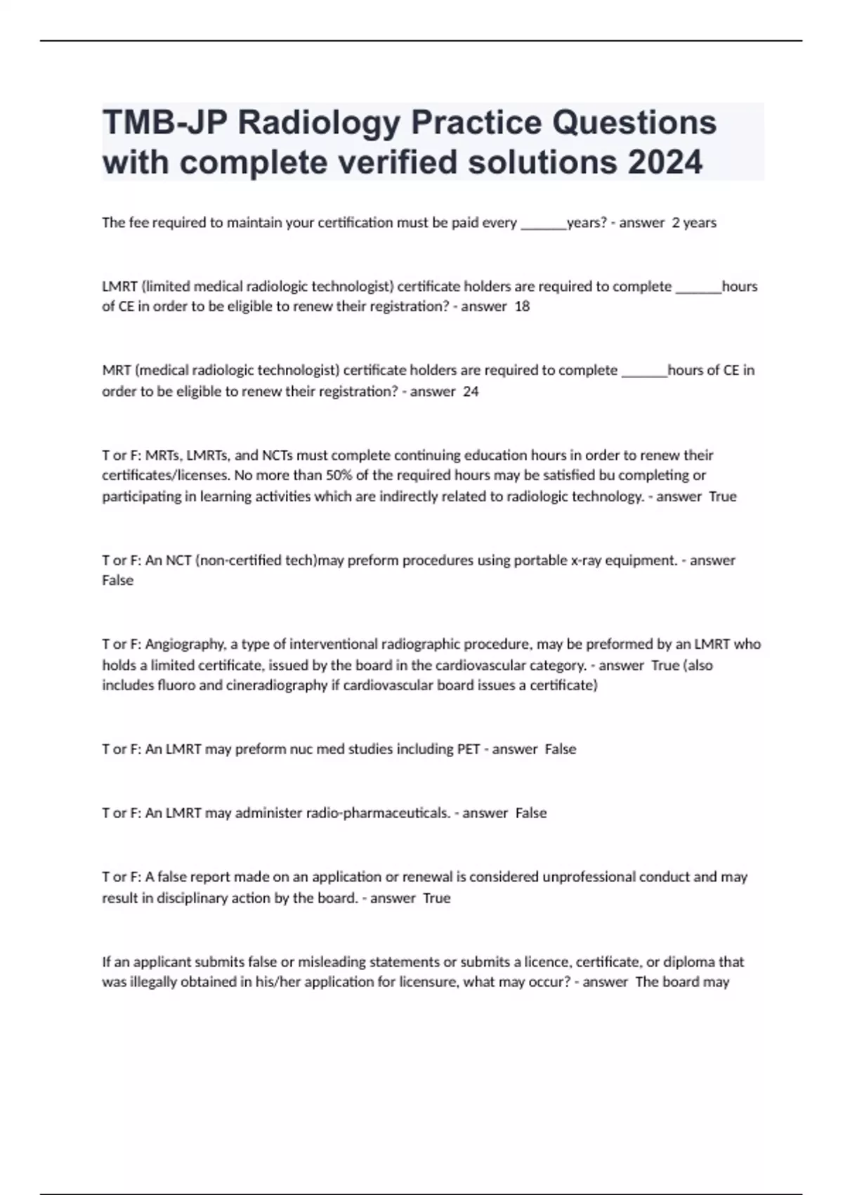 TMB-JP Radiology Practice Questions with complete verified solutions ...