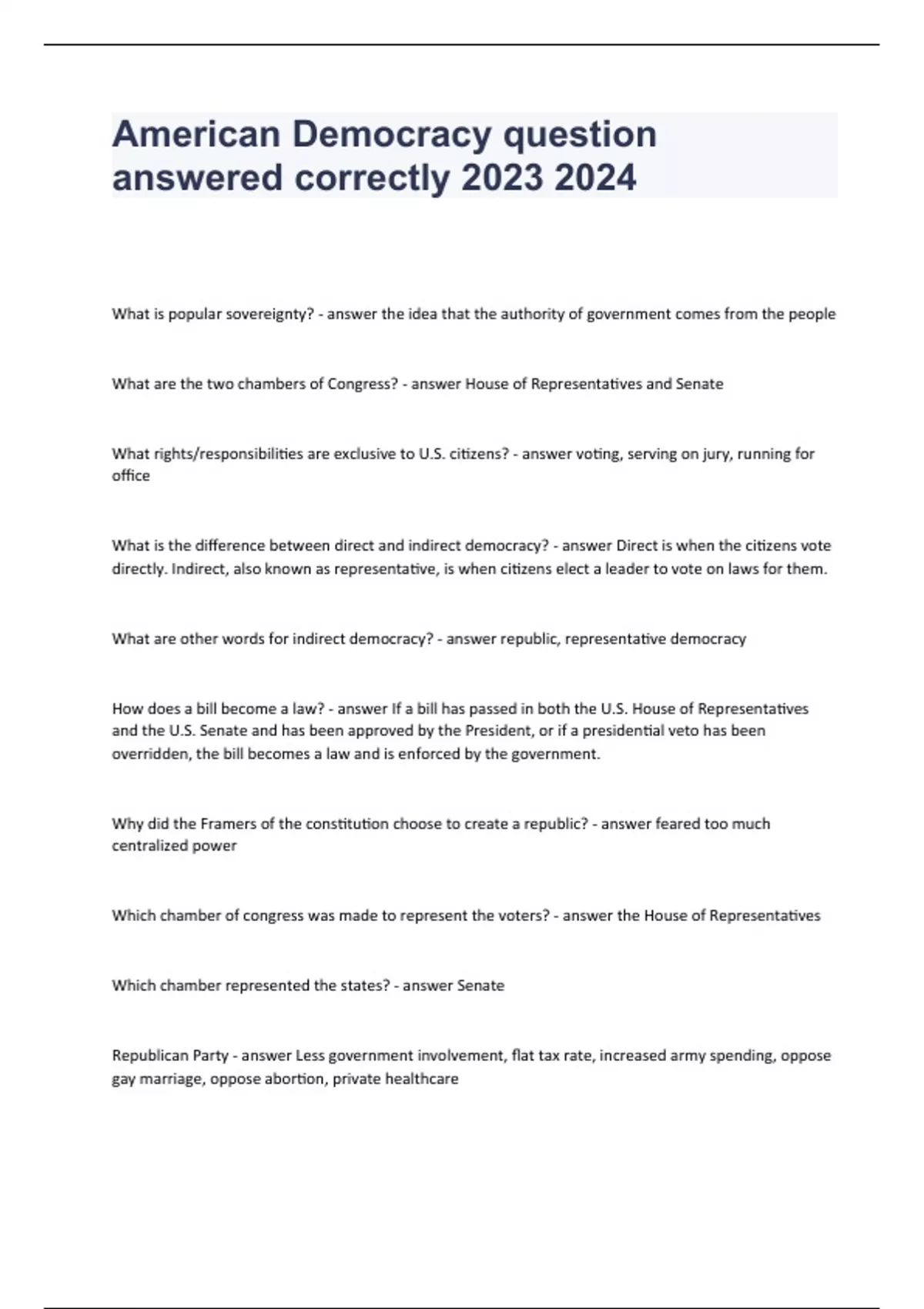 American Democracy question answered correctly 2023/ 2024 - American ...