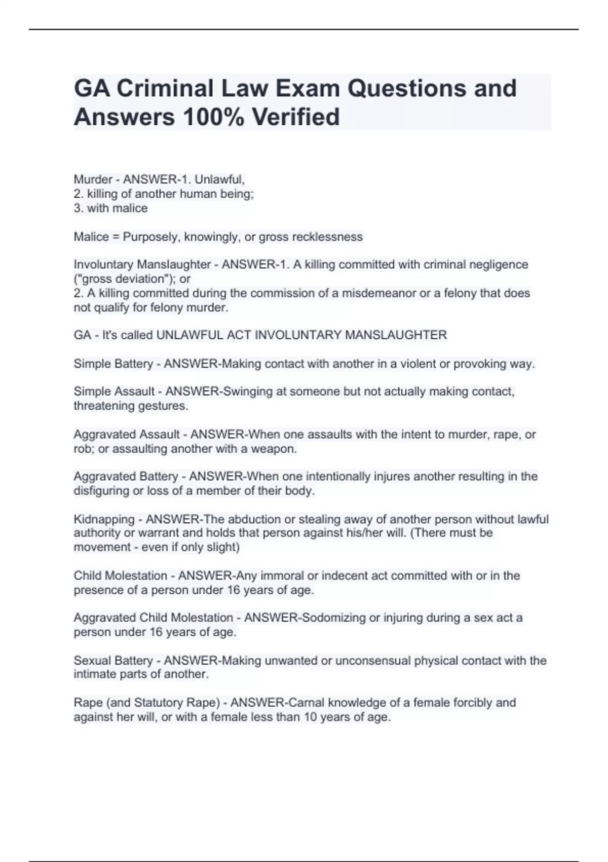 GA Criminal Law Exam Questions and Answers 100% Verified - GA Criminal ...