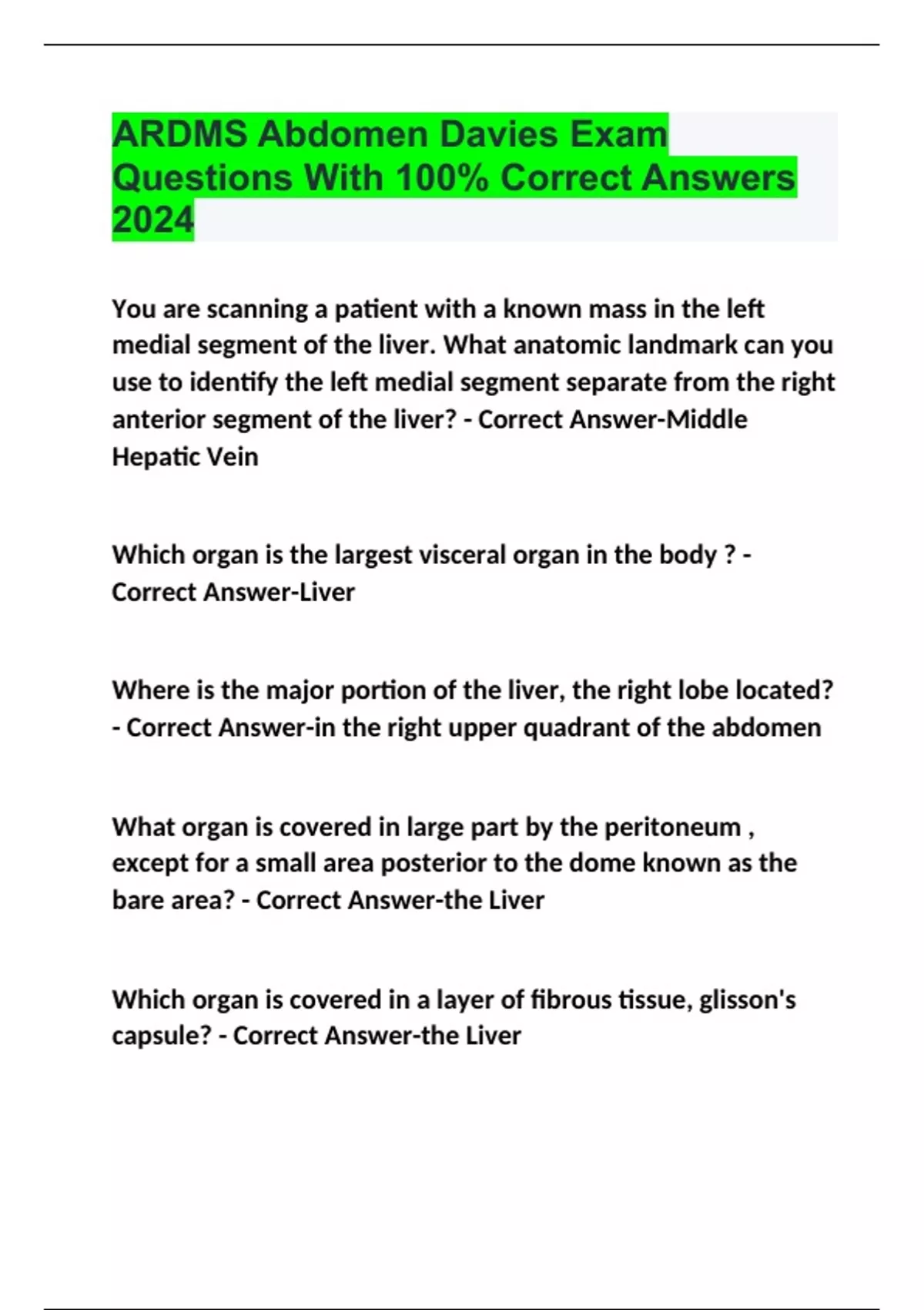 ARDMS Abdomen Davies Exam Questions With 100% Correct Answers 2024 ...