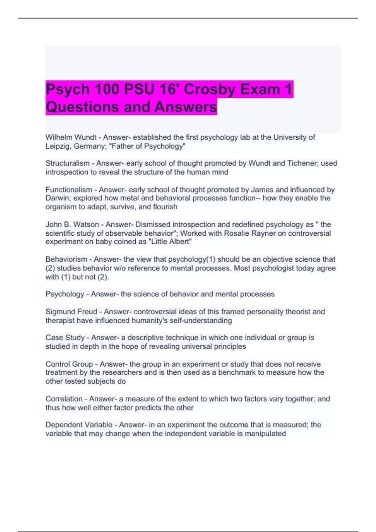 Psych 100 PSU 16' Crosby Exam 1 Questions and Answers - PSU PSYCH 100 - Stuvia US