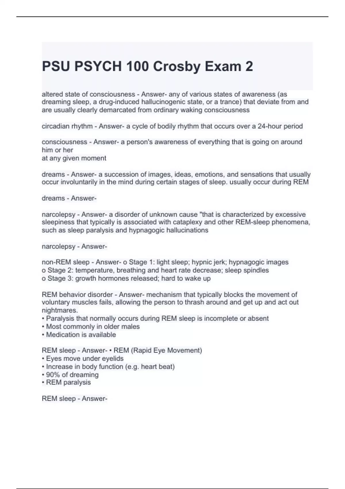 PSU PSYCH 100 Crosby Exam 2 with correct Answers - PSU PSYCH 100 ...