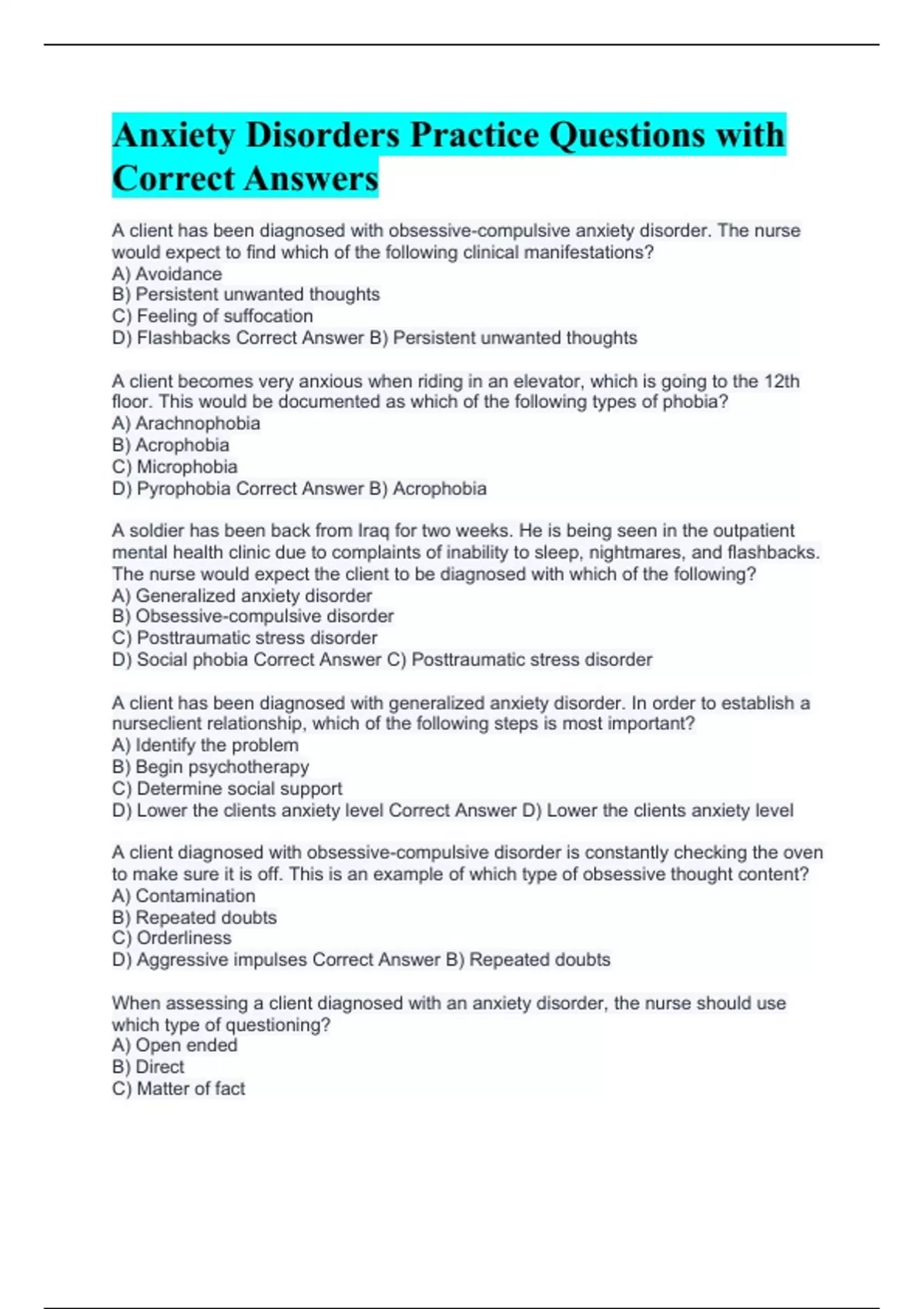 Anxiety Disorders Practice Questions with Correct Answers - Anxiety ...