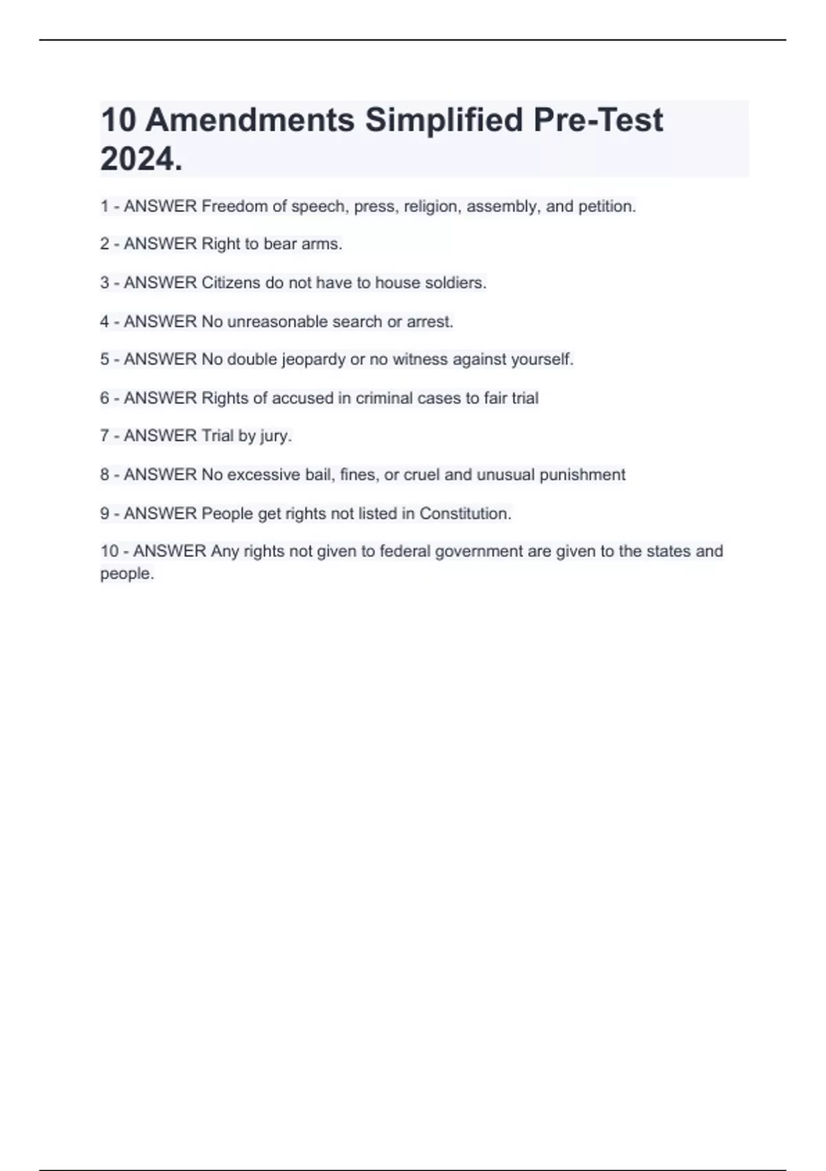 10 Amendments Simplified Pre-Test 2024. - GED. - Stuvia UK