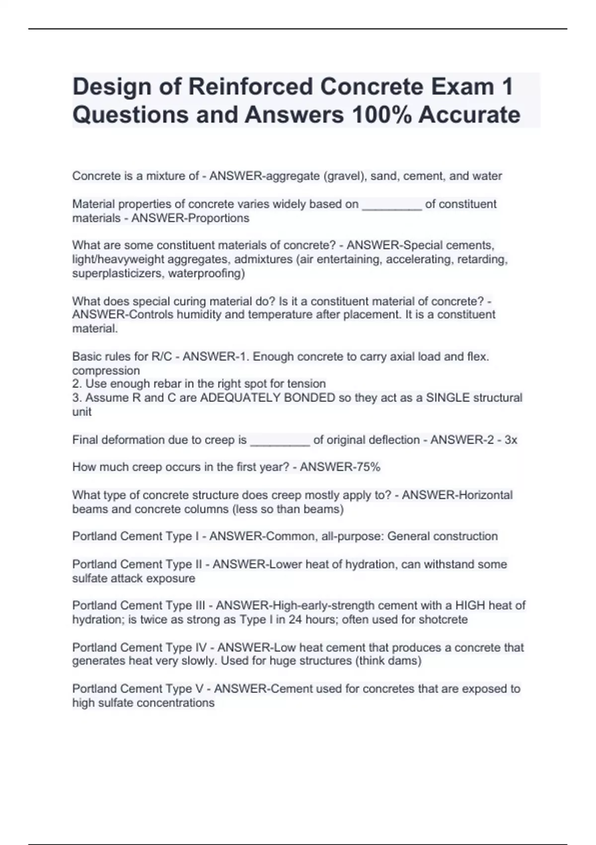 Design of Reinforced Concrete Exam 1 Questions and Answers 100% ...