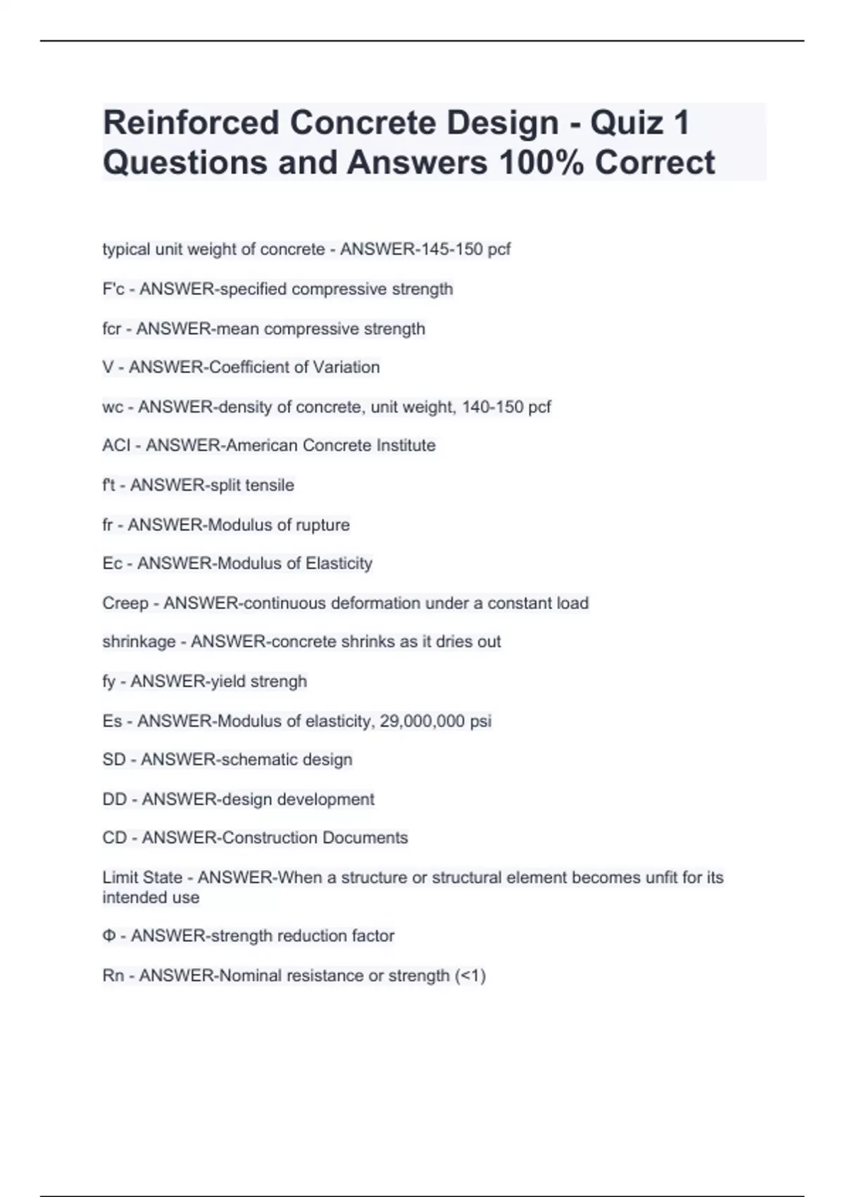 Reinforced Concrete Design - Quiz 1 Questions and Answers 100% Correct ...