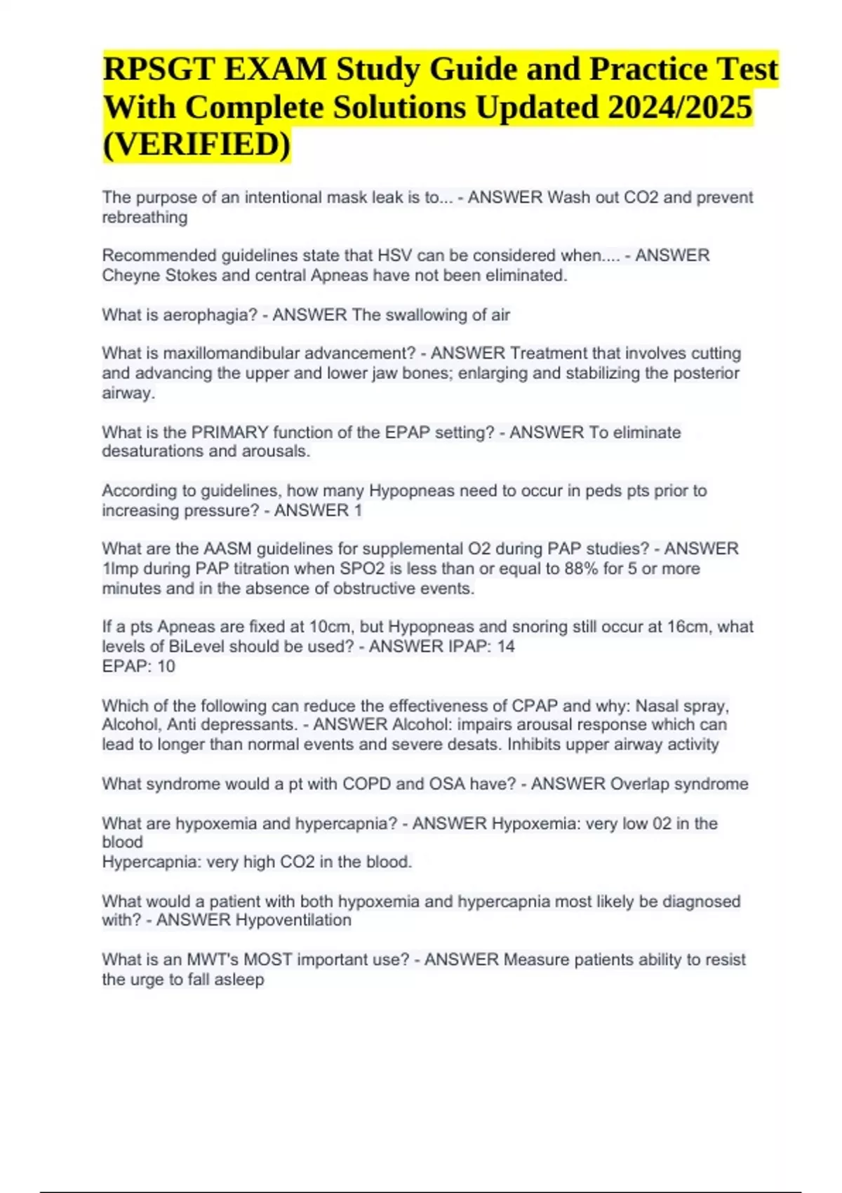 RPSGT EXAM Practice Questions With Complete Solutions Updated 2024/2025 ...