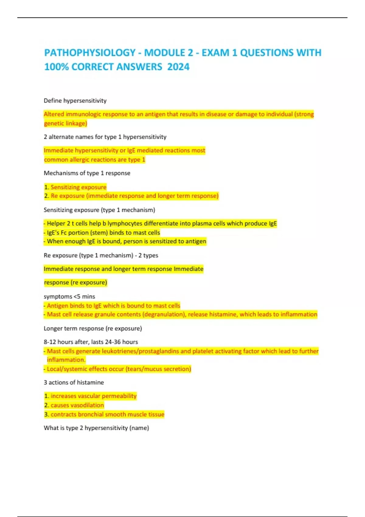 PATHOPHYSIOLOGY - MODULE 2 - EXAM 1 QUESTIONS WITH 100% CORRECT ANSWERS ...