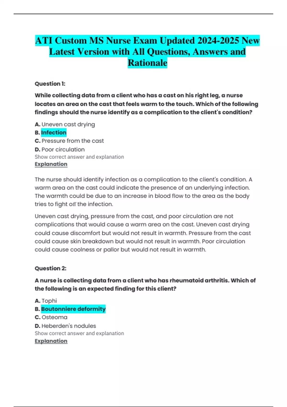 ATI Custom MS Nurse Exam Updated New Latest Version with All Questions ...