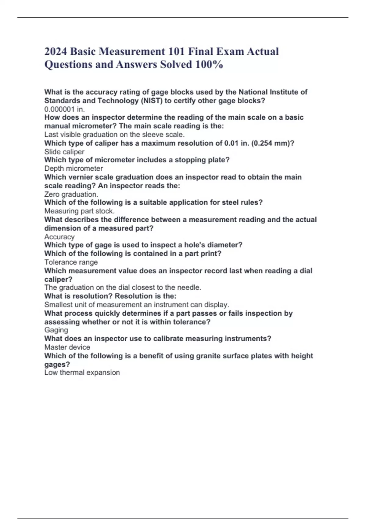 2024 Basic Measurement 101 Final Exam Actual Questions and Answers ...