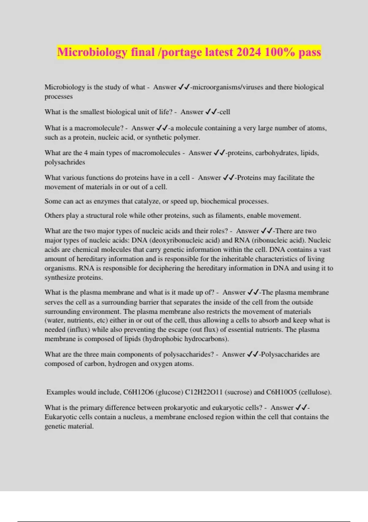 Microbiology final /portage latest 2024 100% pass - Portage Learning ...