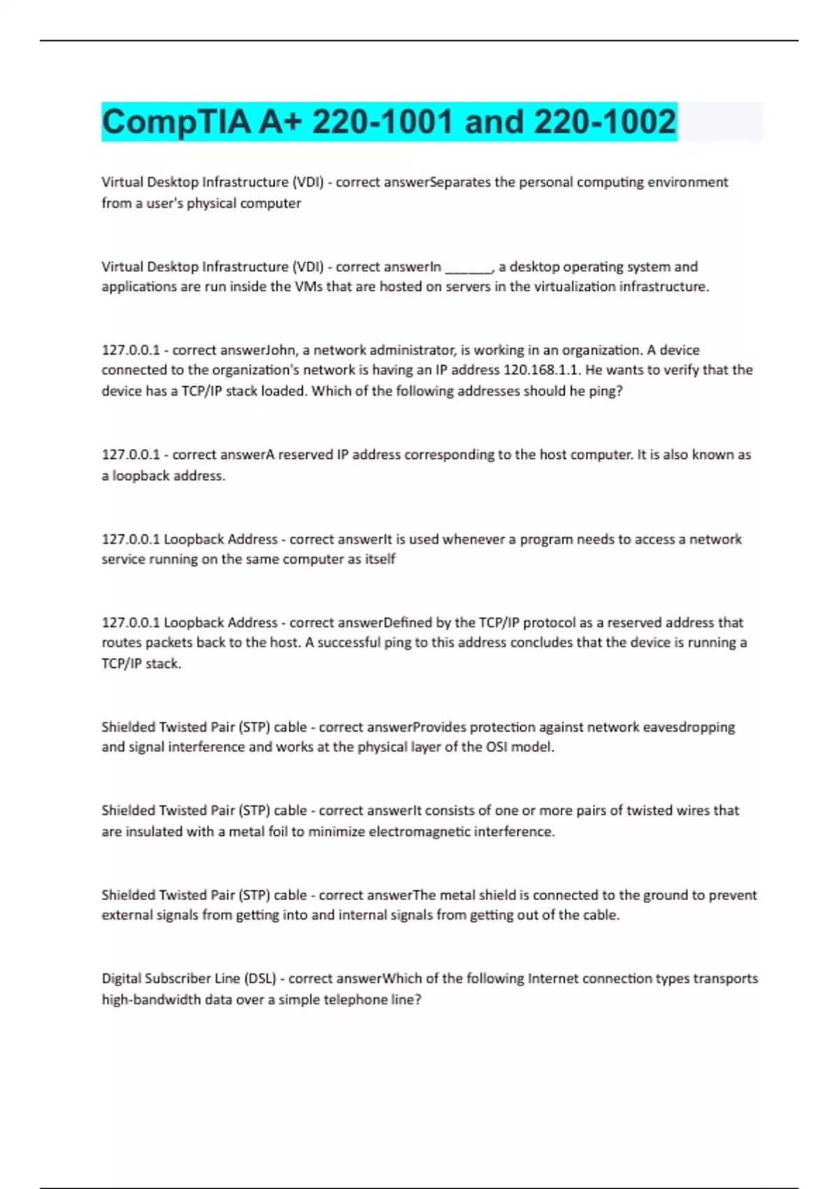 CompTIA A+ 220-1001 and 220-1002 Question and answers latest update ...