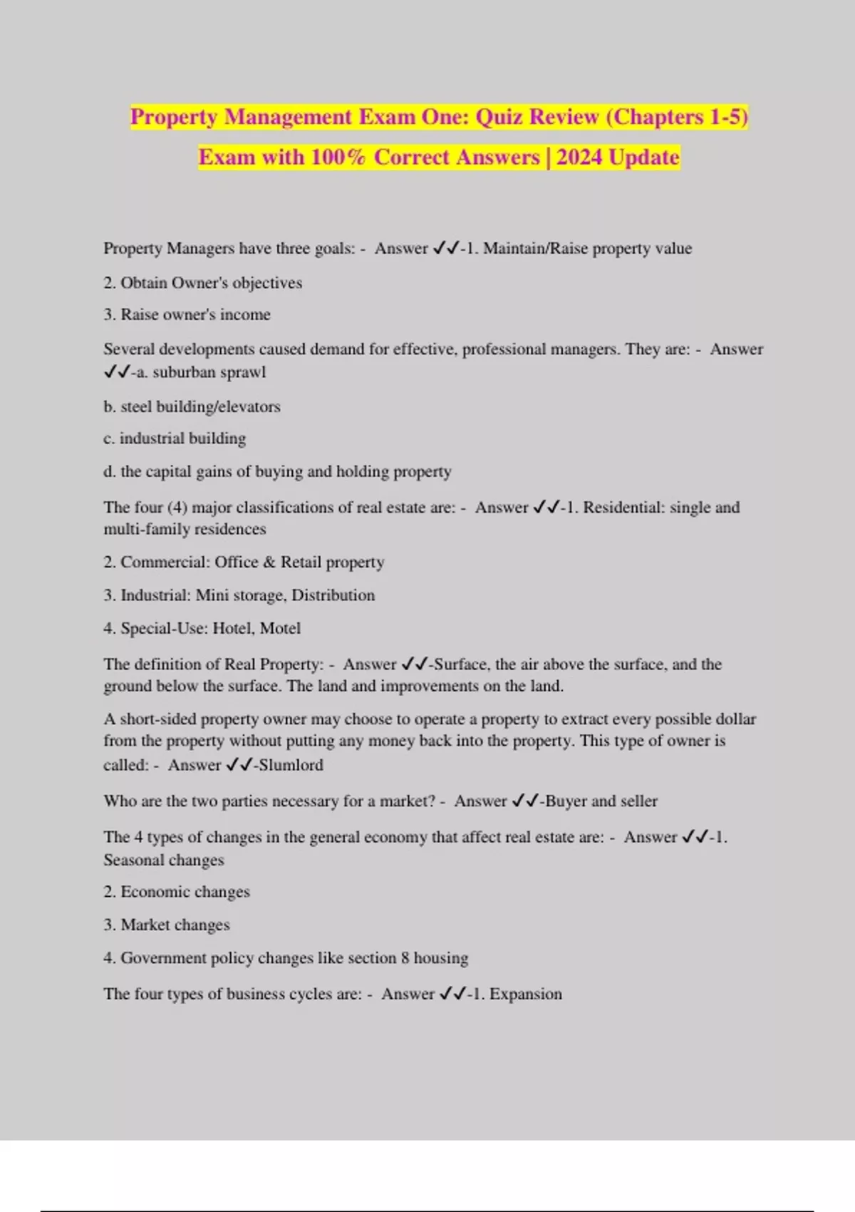 Property Management Exam One: Quiz Review (Chapters 1-5) Exam with 100% ...