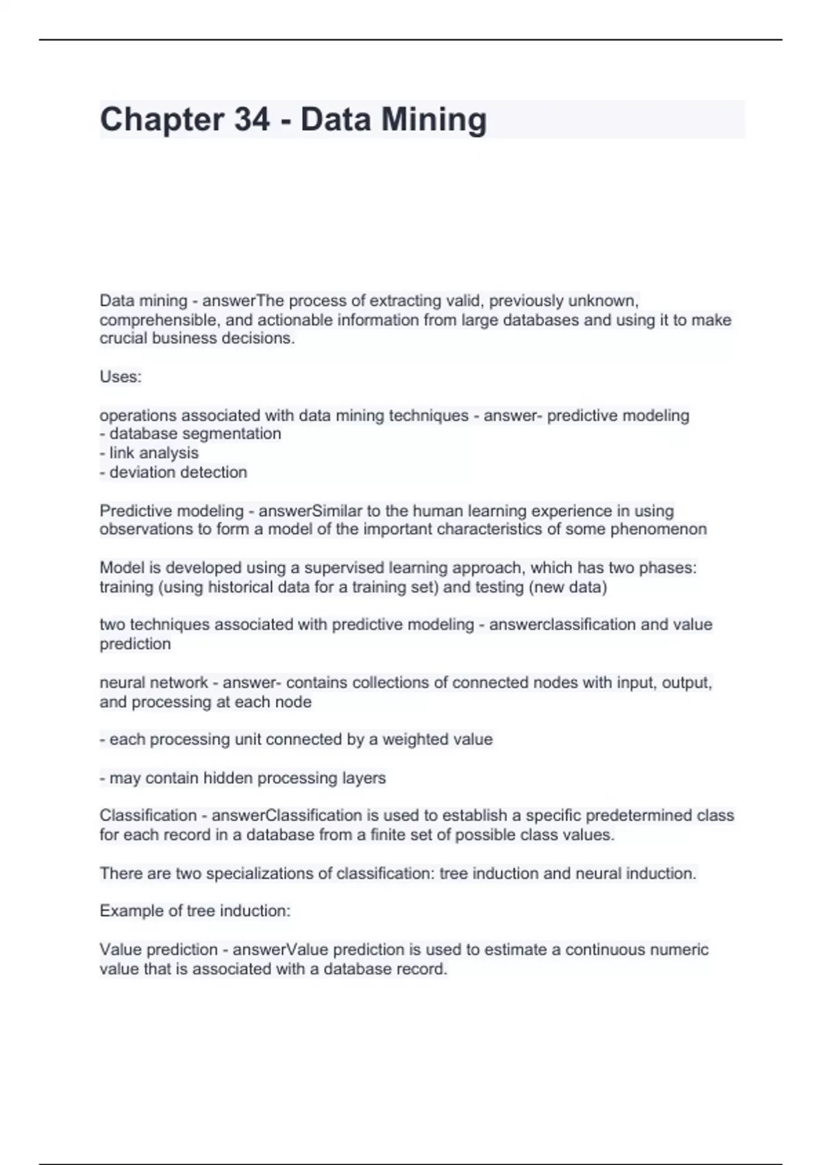 Chapter 34 - Data Mining Questions with correct Answers - Data Mining - Stuvia US