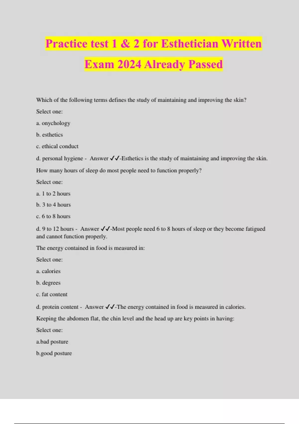 Practice test 1 & 2 for Esthetician Written Exam 2024 Already Passed ...