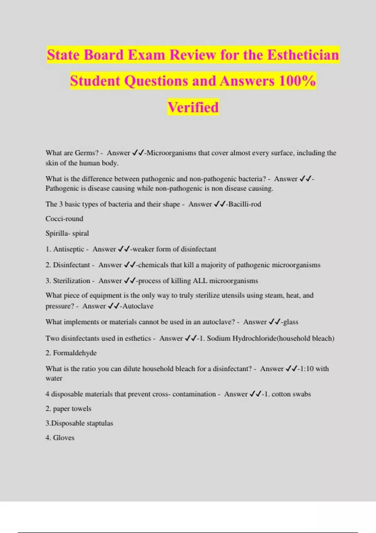 State Board Exam Review for the Esthetician Student Questions and ...