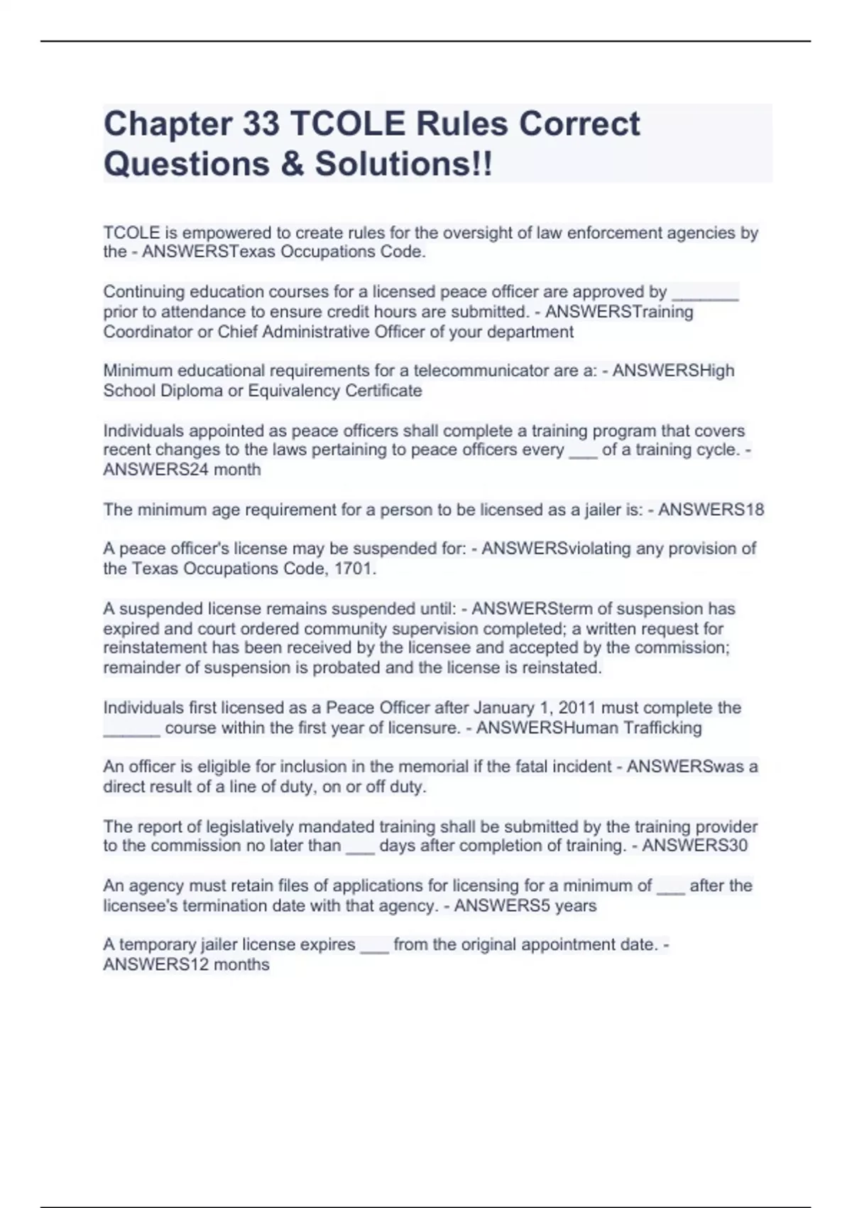 Chapter 33 TCOLE Rules Correct Questions & Solutions!! - TCOLE - Stuvia US