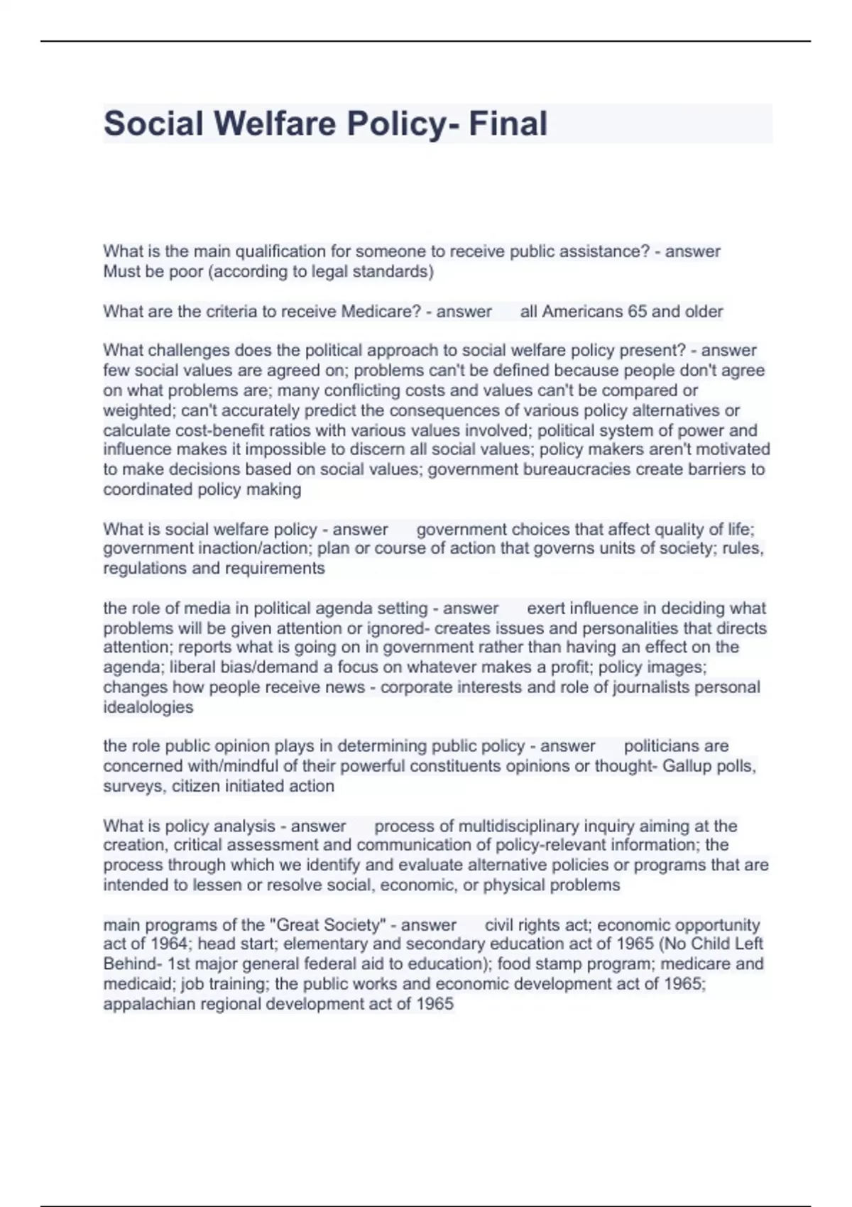 Social Welfare Policy- Final Questions and Answers Fully solved ...