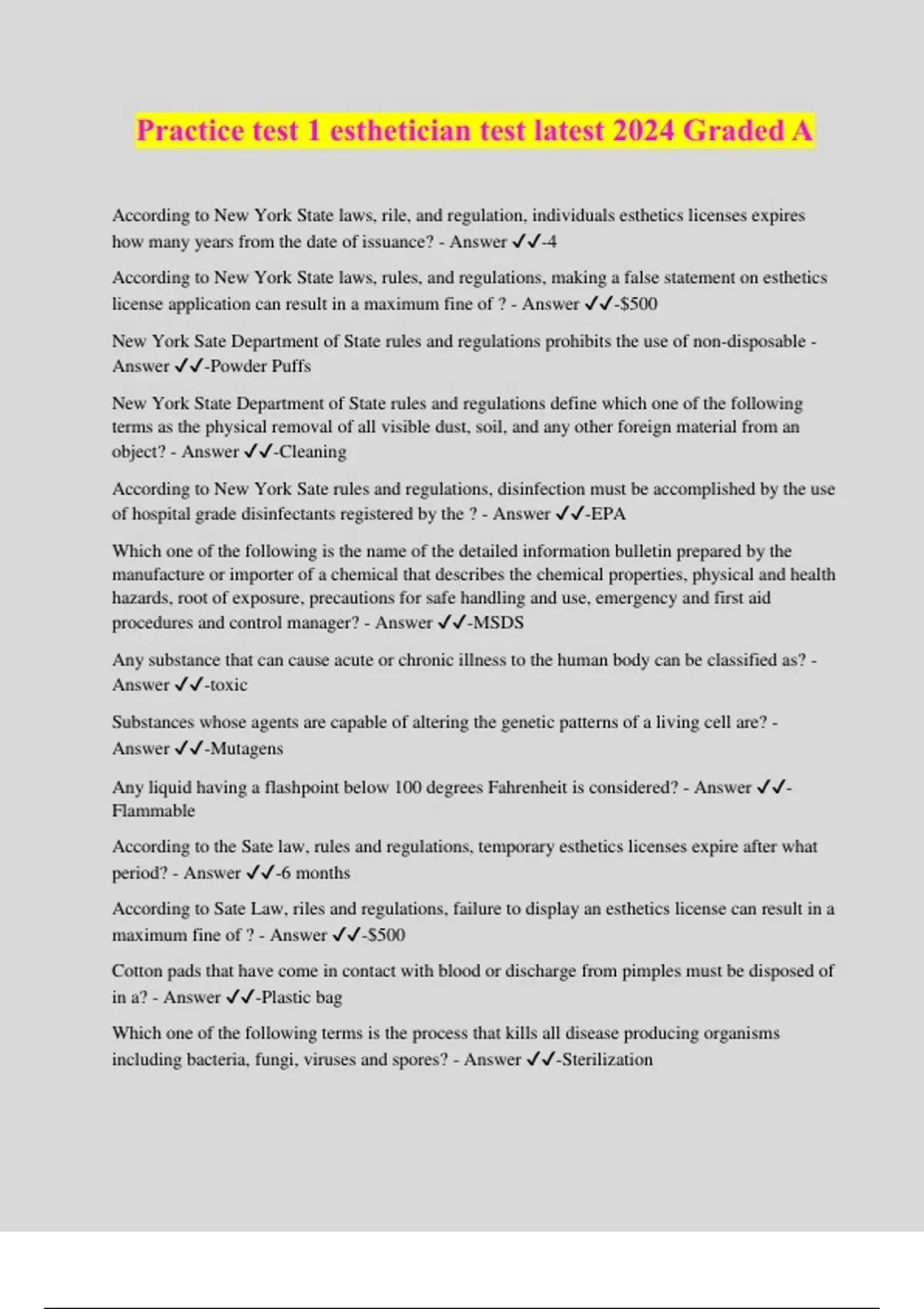 Practice test 1 esthetician test latest 2024 Graded A - Esthetics State ...