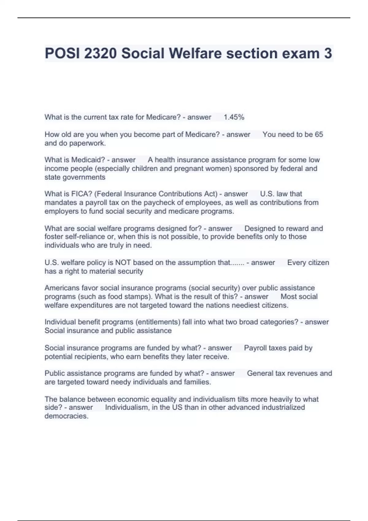 POSI 2320 Social Welfare section exam 3 Questions with correct Answers ...