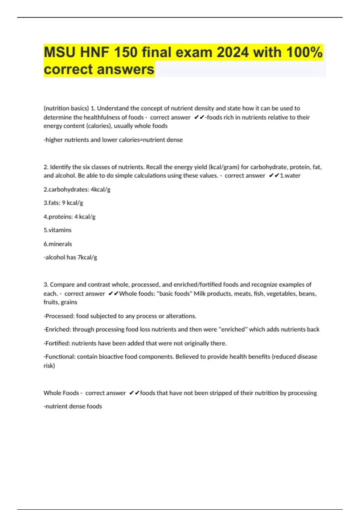 MSU HNF 150 final exam 2024 with 100% correct answers - MSU HNF 150 ...