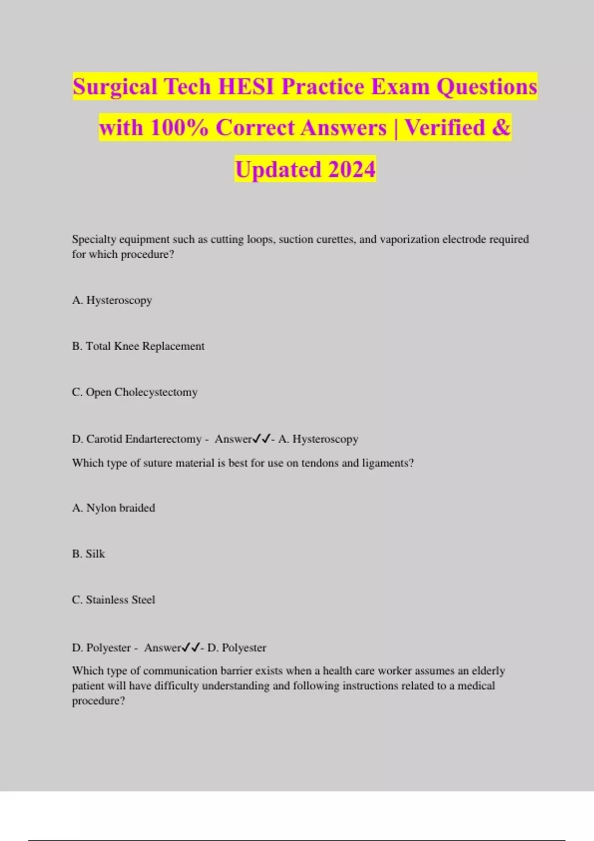 Surgical Tech HESI Practice Exam Questions with 100% Correct Answers ...