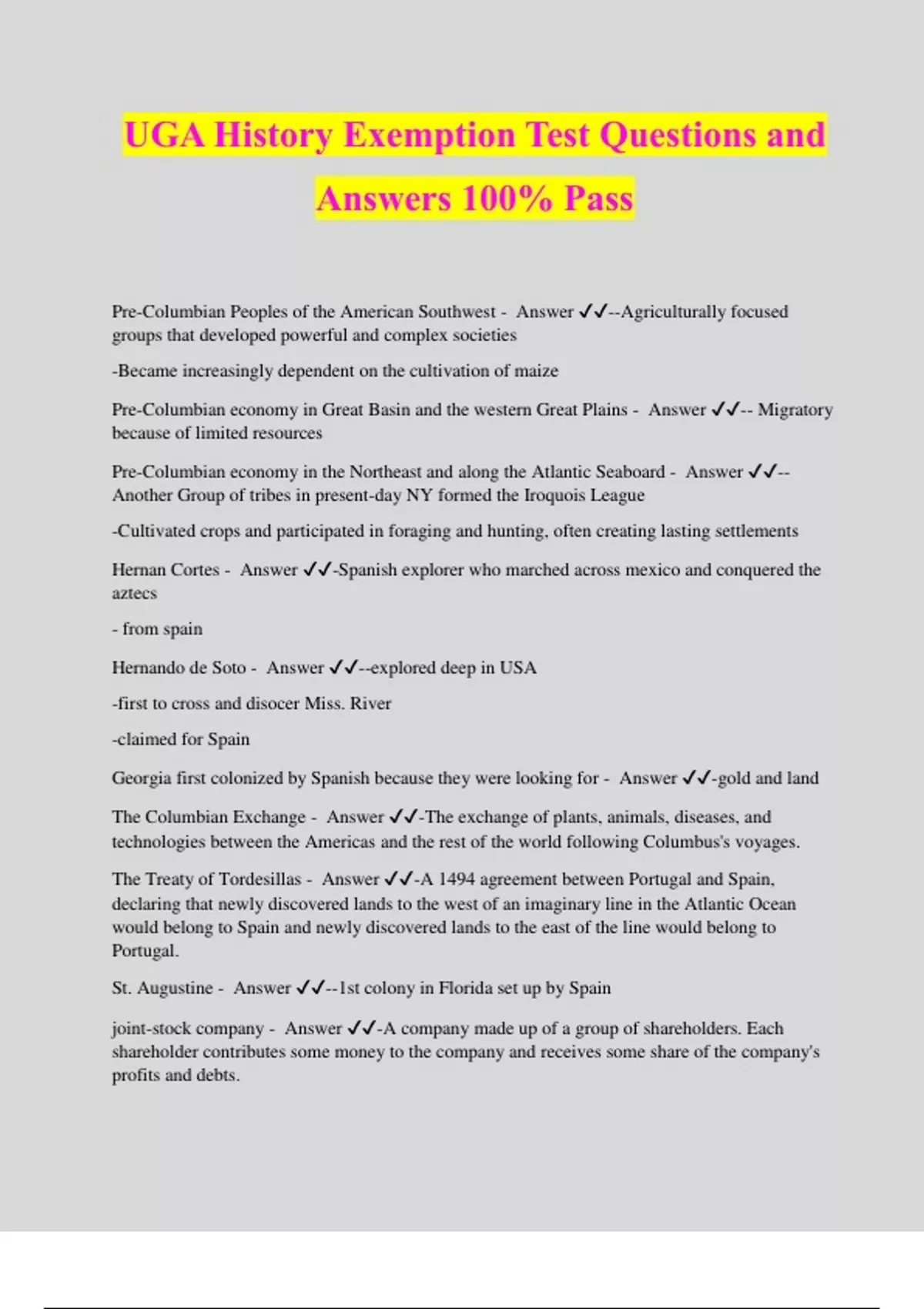 UGA History Exemption Test Questions and Answers 100% Pass - UGA ...