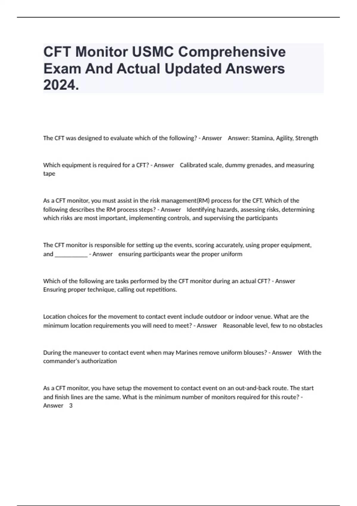 CFT Monitor USMC Comprehensive Exam And Actual Updated Answers 2024 ...