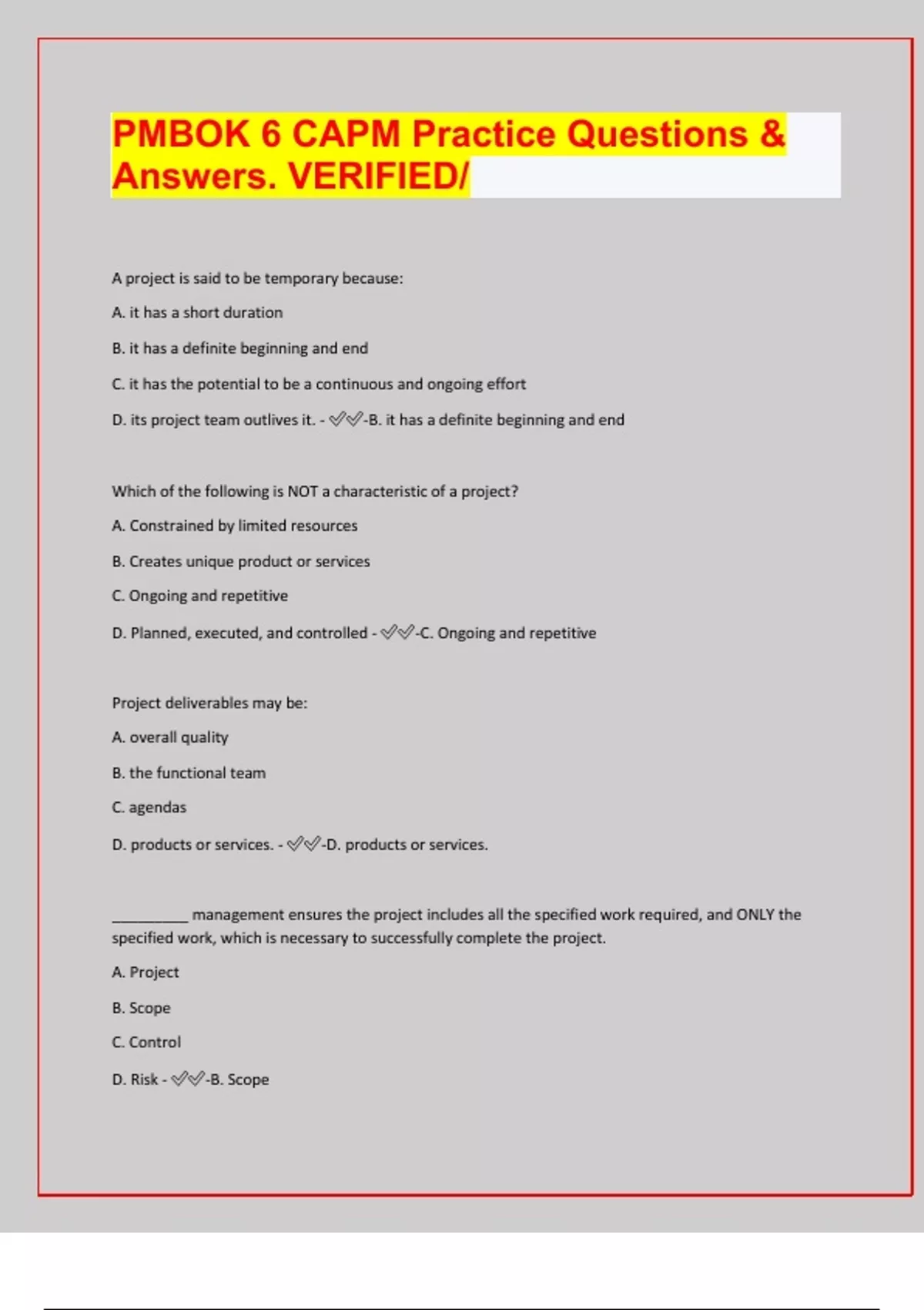 PMBOK 6 CAPM Practice Questions & Answers. VERIFIED/| LATEST UPDATE ...