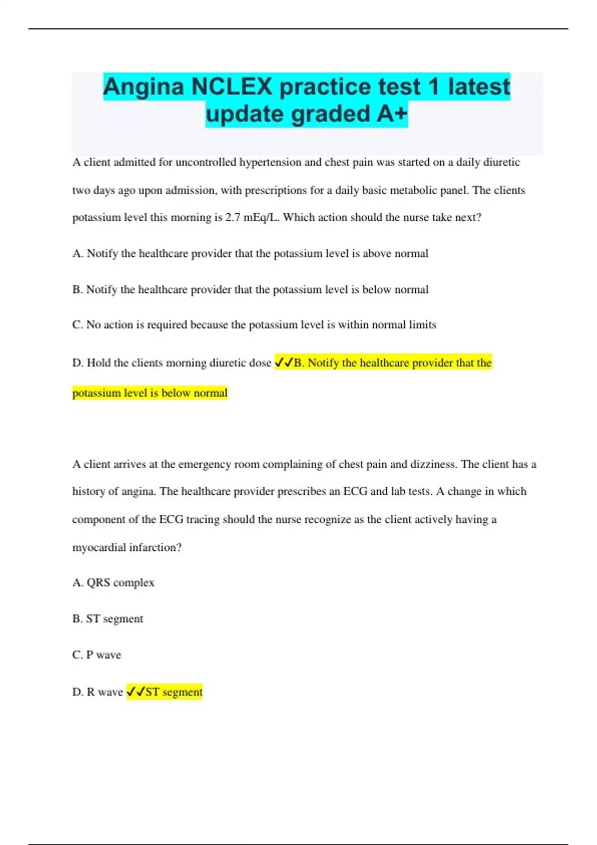 Angina NCLEX practice test 1 latest update graded A+ - Angina NCLEX ...