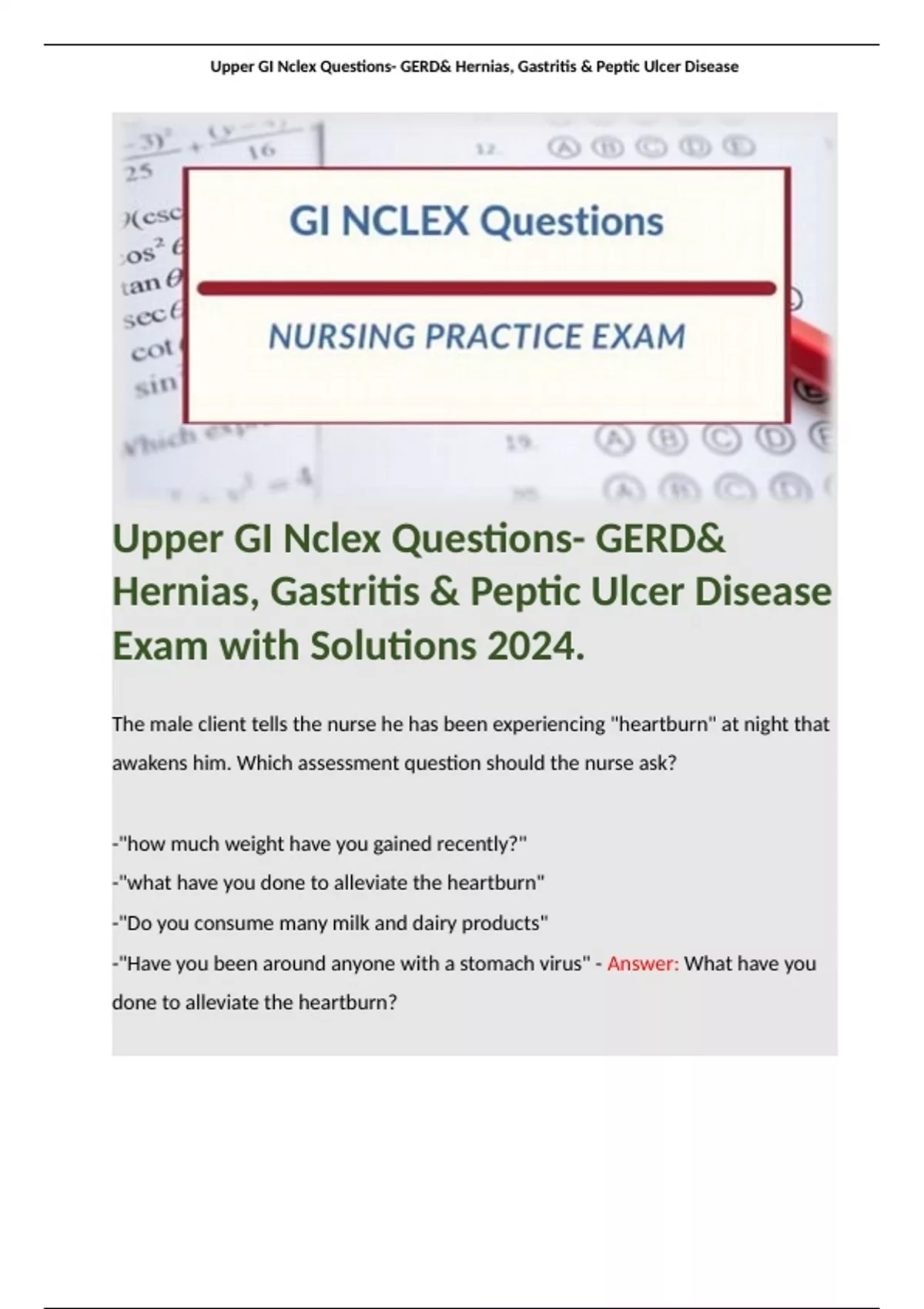 Upper GI Nclex Questions- GERD& Hernias, Gastritis & Peptic Ulcer Disease Exam with Solutions ...