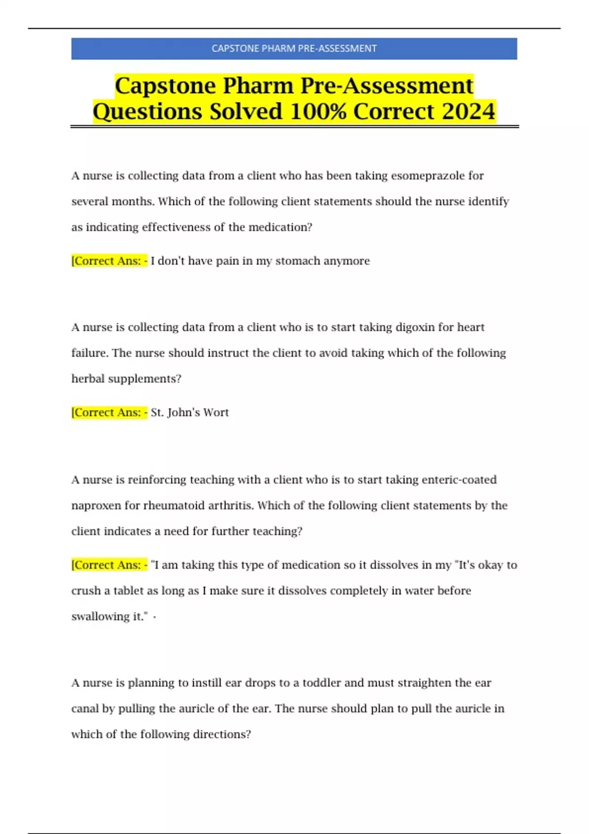 Capstone Pharm Pre-Assessment Questions Solved 100% Correct 2024 ...