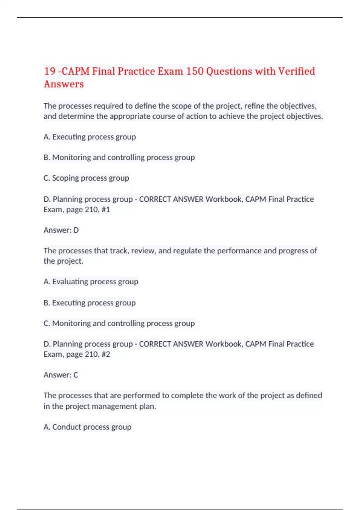 19 -CAPM Final Practice Exam 150 Questions with Verified Answers,100% CORRECT - 19 -CAPM ...