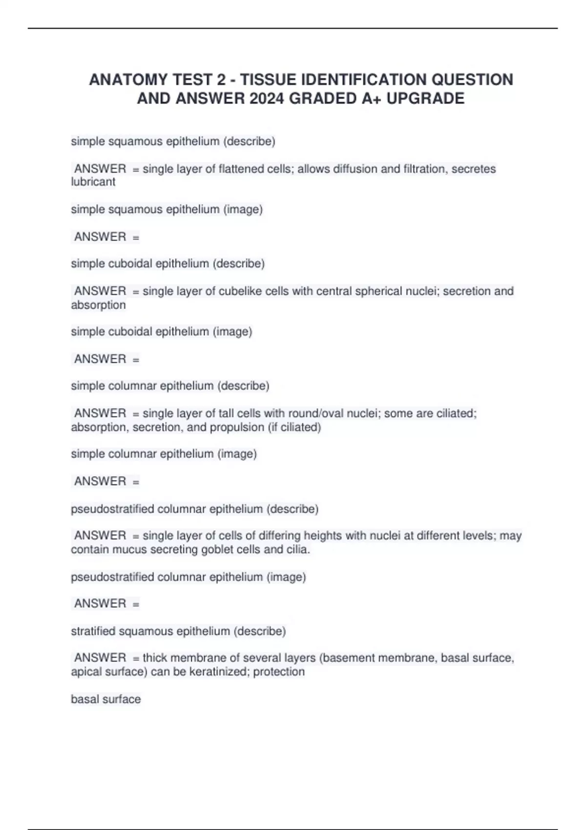 ANATOMY TEST 2 - TISSUE IDENTIFICATION QUESTION AND ANSWER 2024 GRADED ...